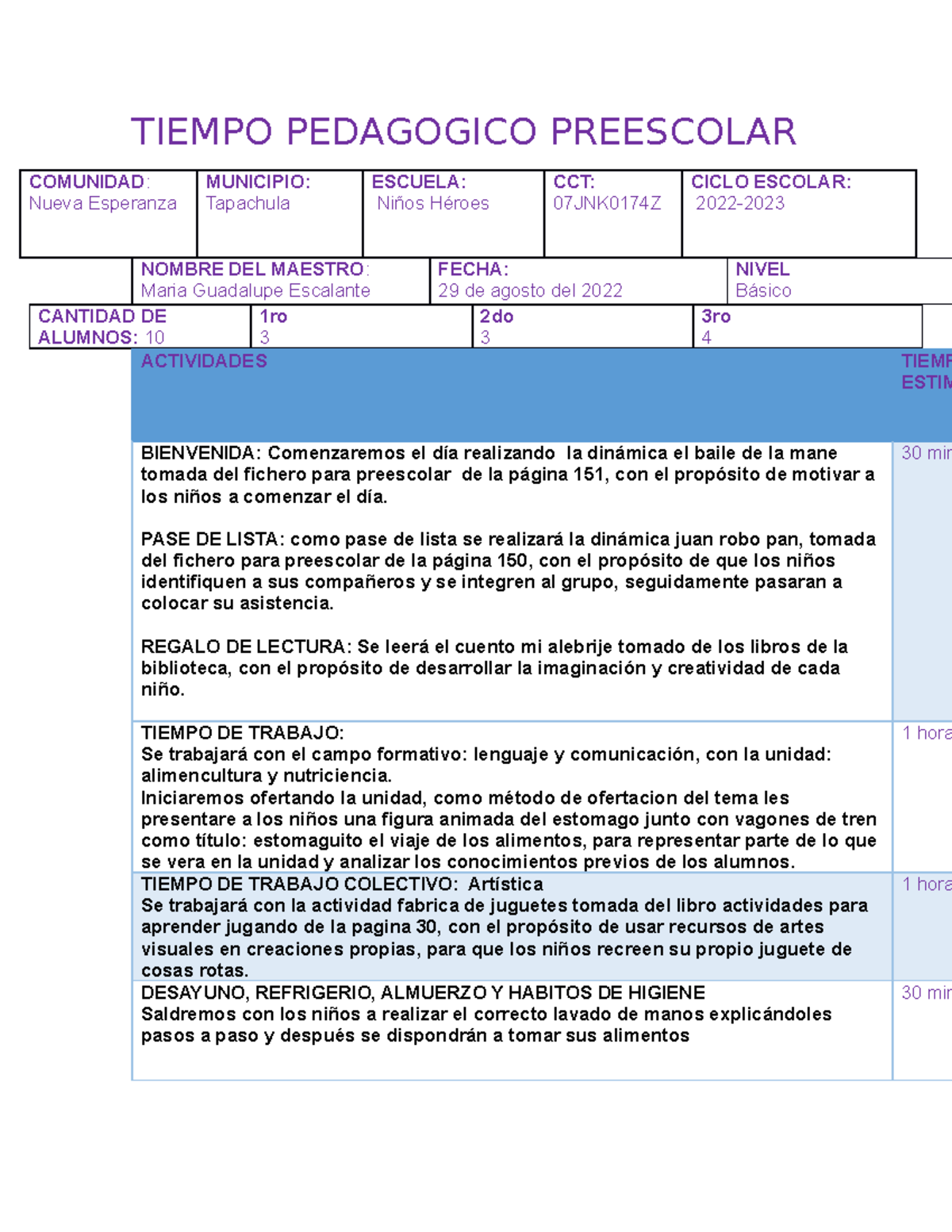 Planificación de Tiempo Pedagógico Preescolar - CCT 07JNK0174Z - Studocu