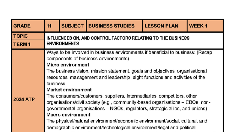2024 Grade 11 Business Studies Lesson Plan: Influences on Business ...