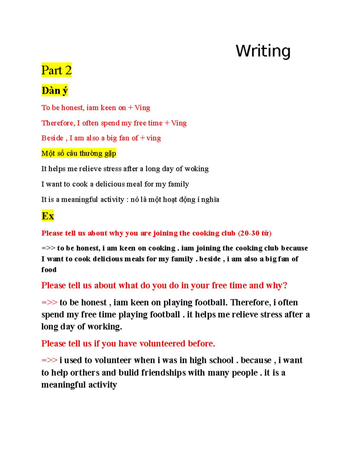 Writing Part 2: Cooking Club & Free Time Activities - Studocu