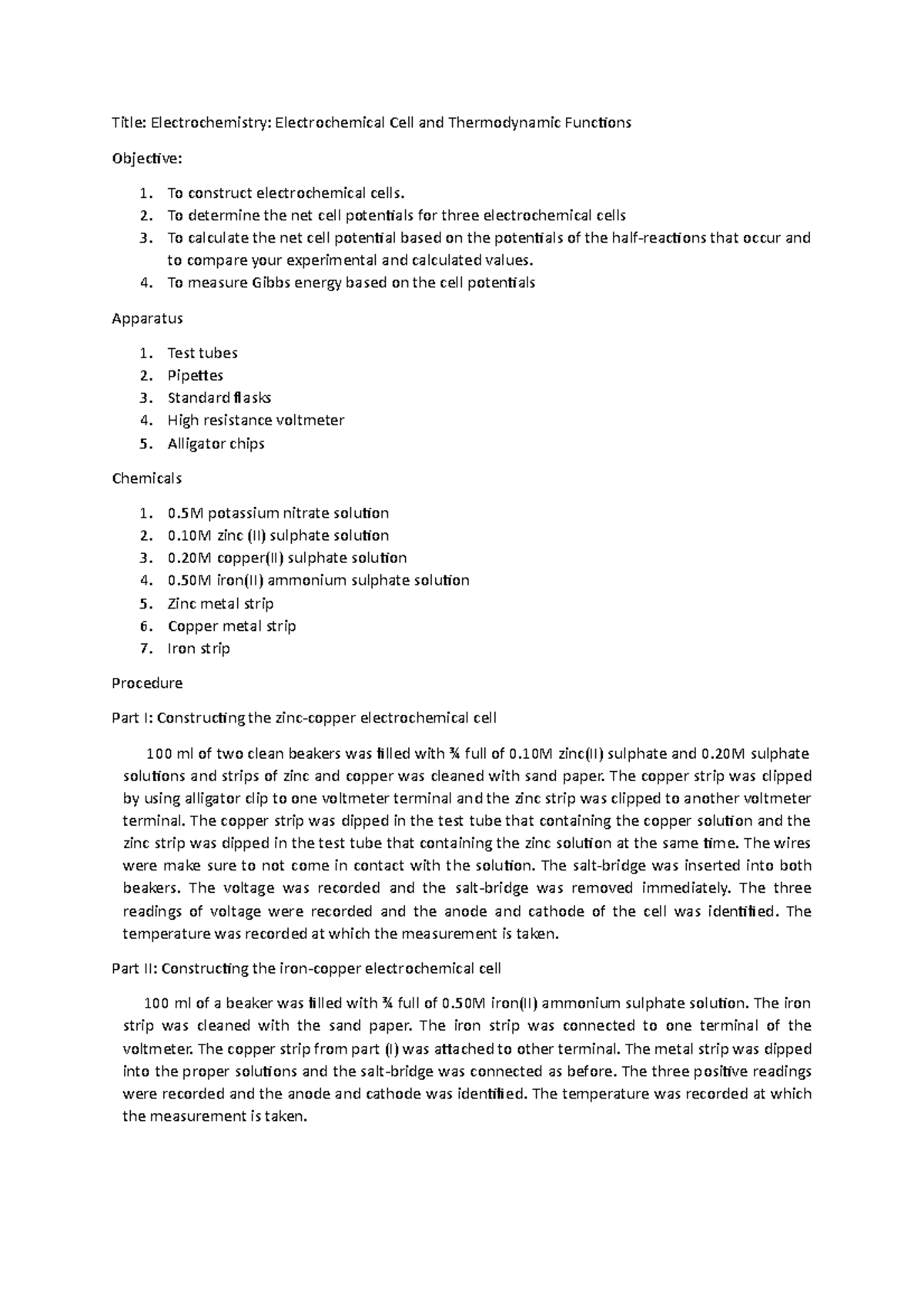 Lab report 2 - Title: Electrochemistry: Electrochemical Cell and ...
