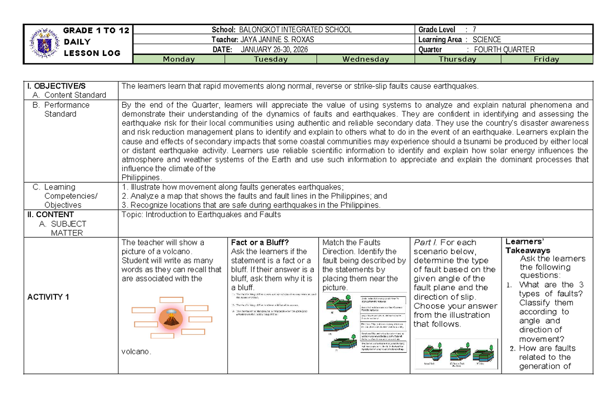 Science 7 Daily Lesson Log: Earthquakes & Faults (4th Quarter) - Studocu
