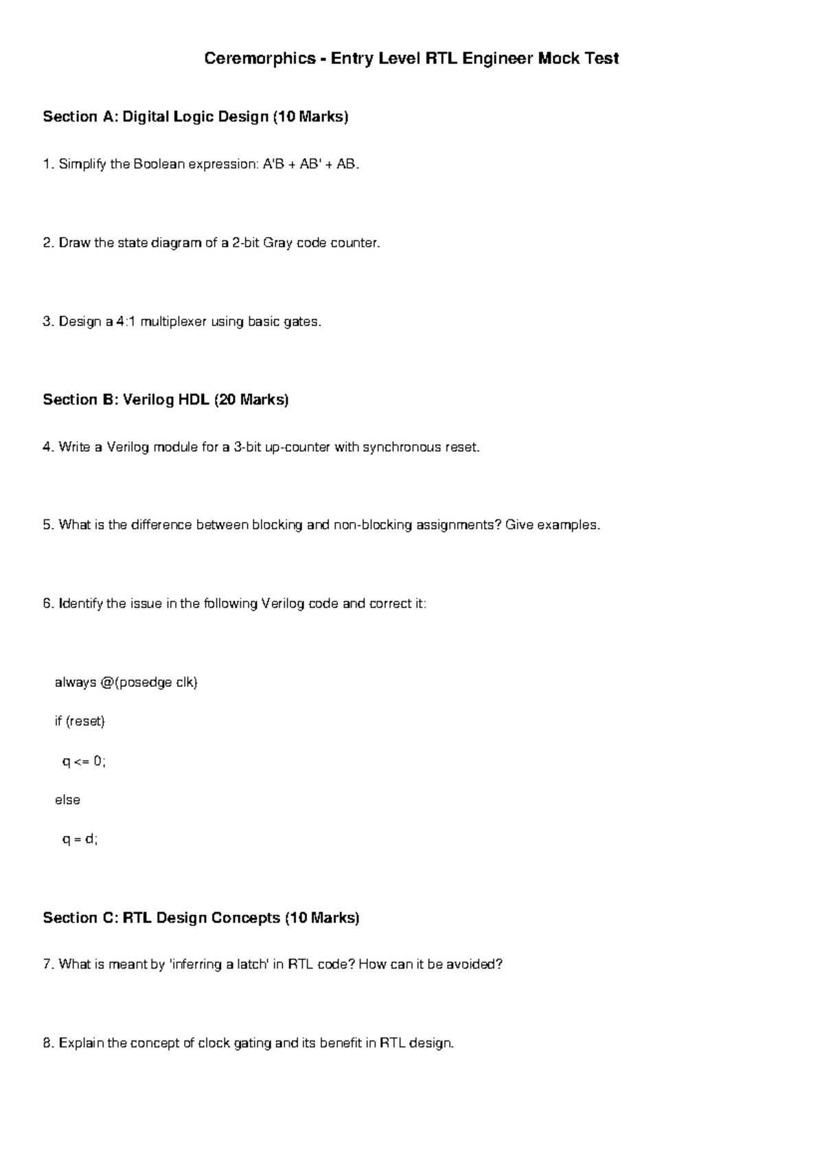 Ceremorphics RTL Engineer Mock Test - Ceremorphics - Entry Level RTL ...