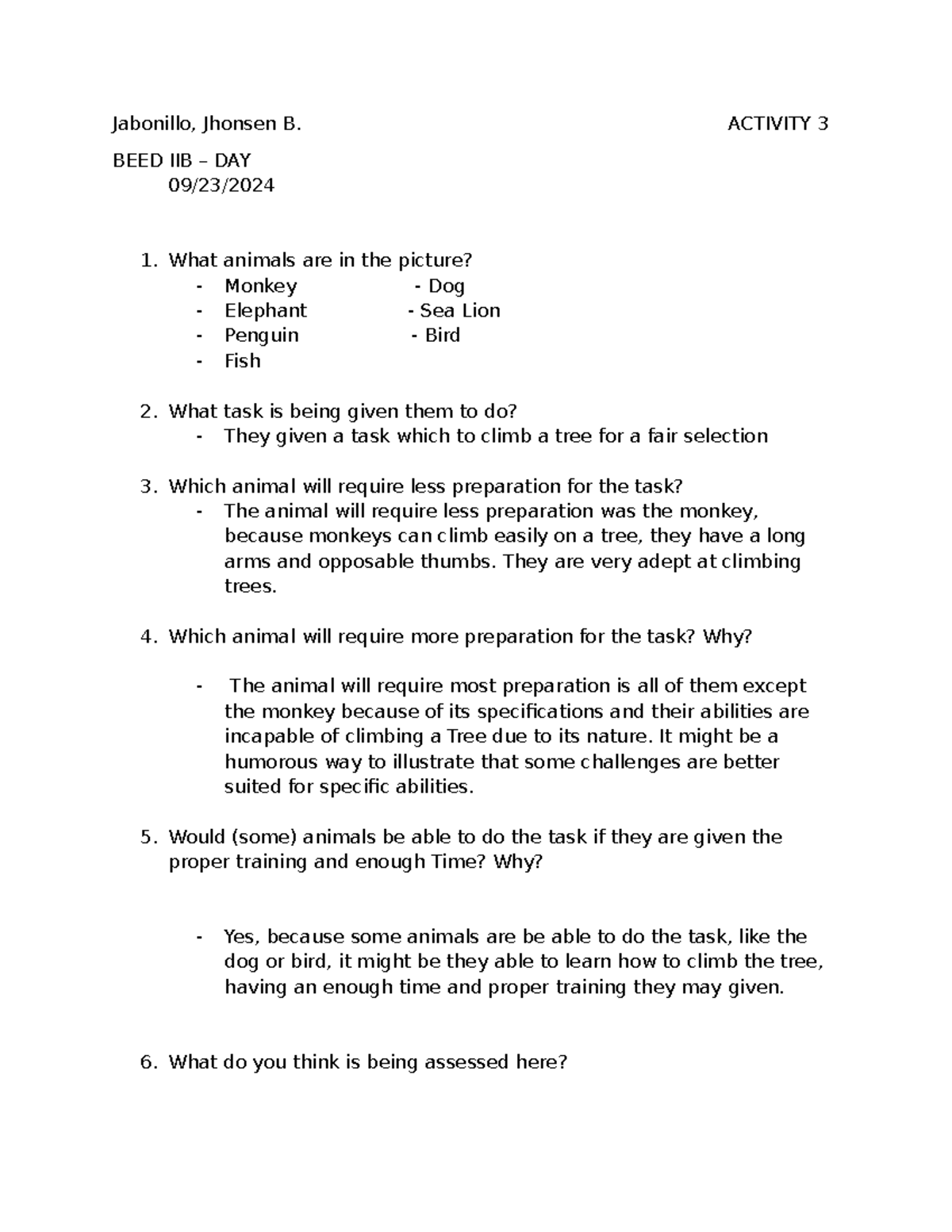 BEED IIB – Activity 3: Fair Assessment for Animal Capabilities - Studocu