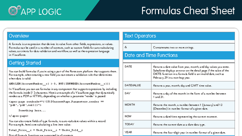 SF Formulas Developer Cheat Sheet: Overview of Text & Logic - Studocu