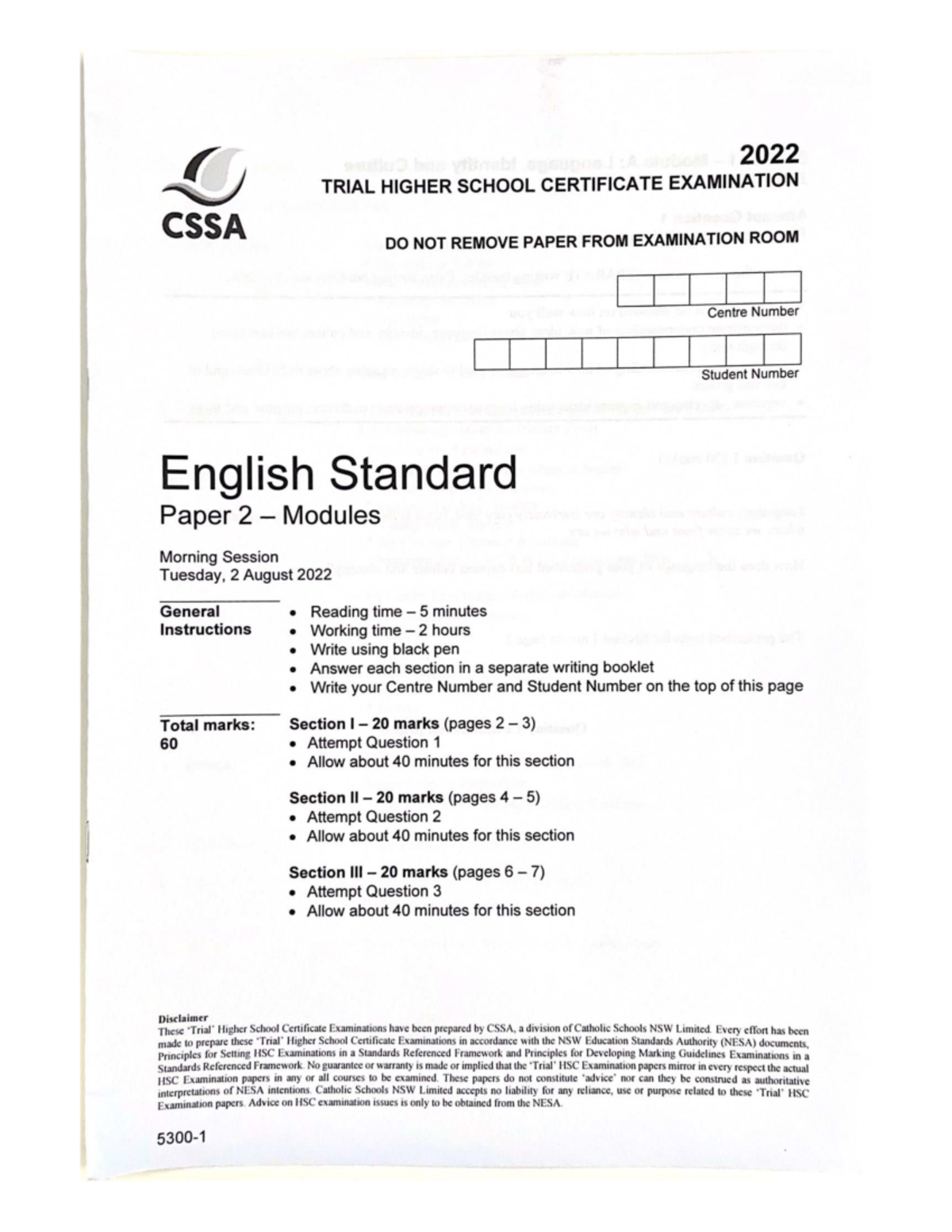 2022 CSSA English Standard Trial Exam Paper 2 - Studocu