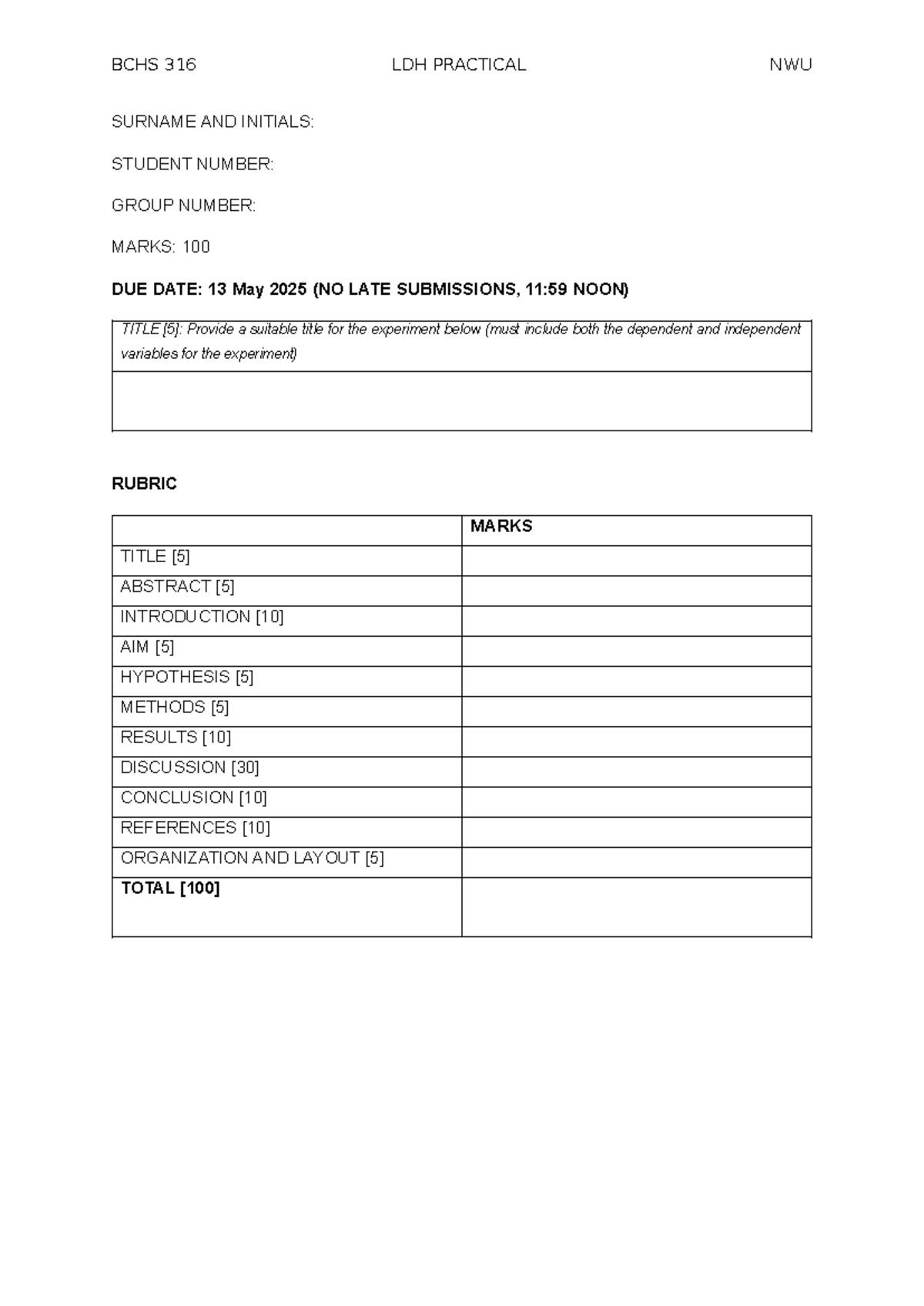 BCHS 316 LDH Practical Report Template and Guide - Studocu