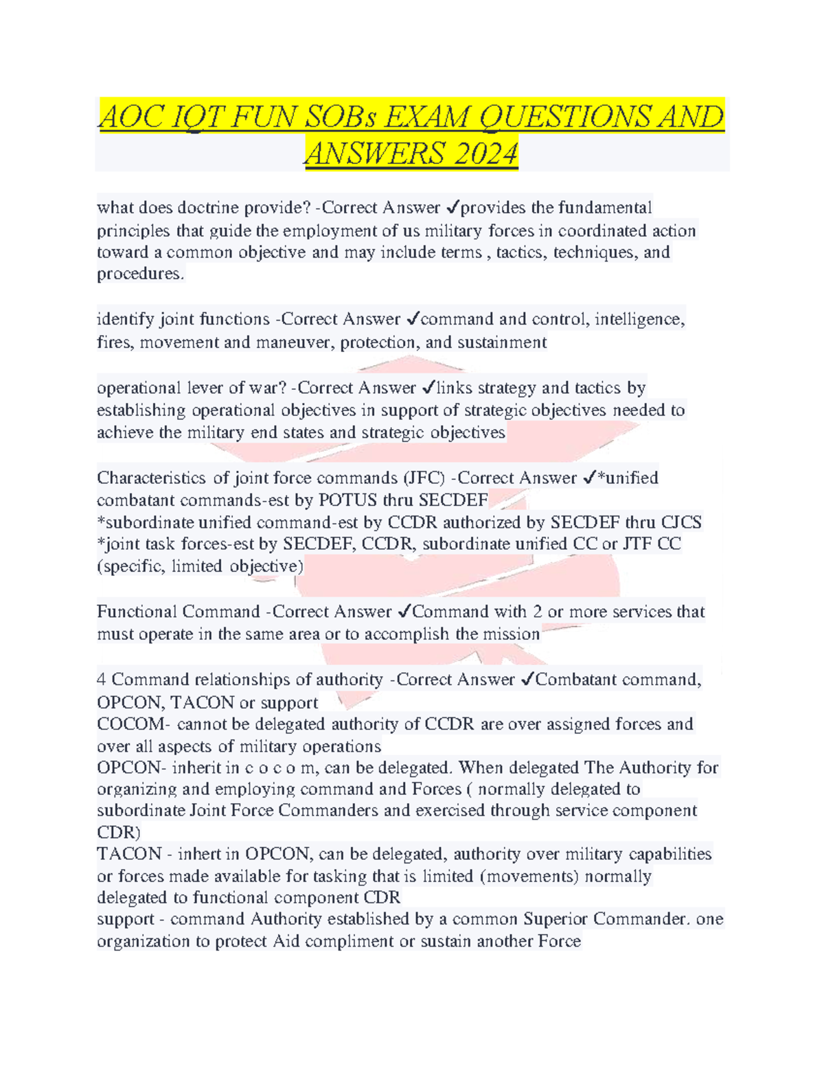 AOC IQT FUN SOBs Exam Qs & Ans - Review Guide 2024 - Studocu