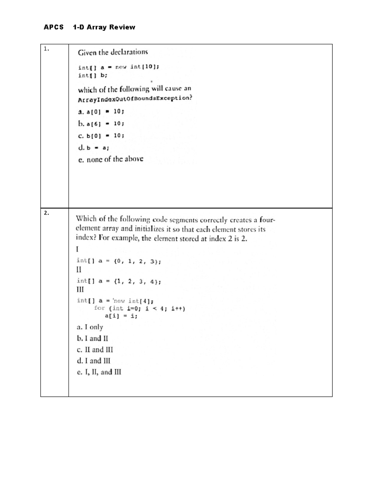 Mcq - practice and warm ups for apcsa arrays - APCS 1-D Array Review 1 ...