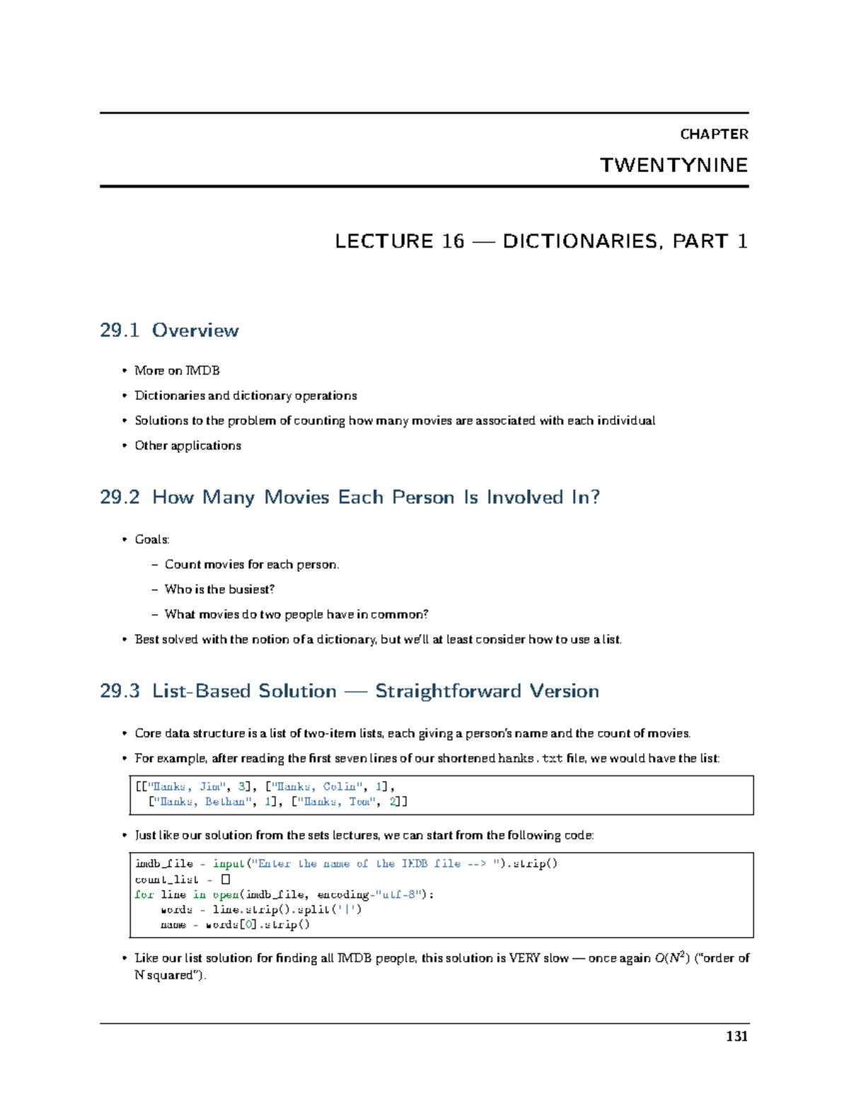 Lecture 16 - CHAPTER TWENTYNINE LECTURE 16 — DICTIONARIES, PART 1 29 ...