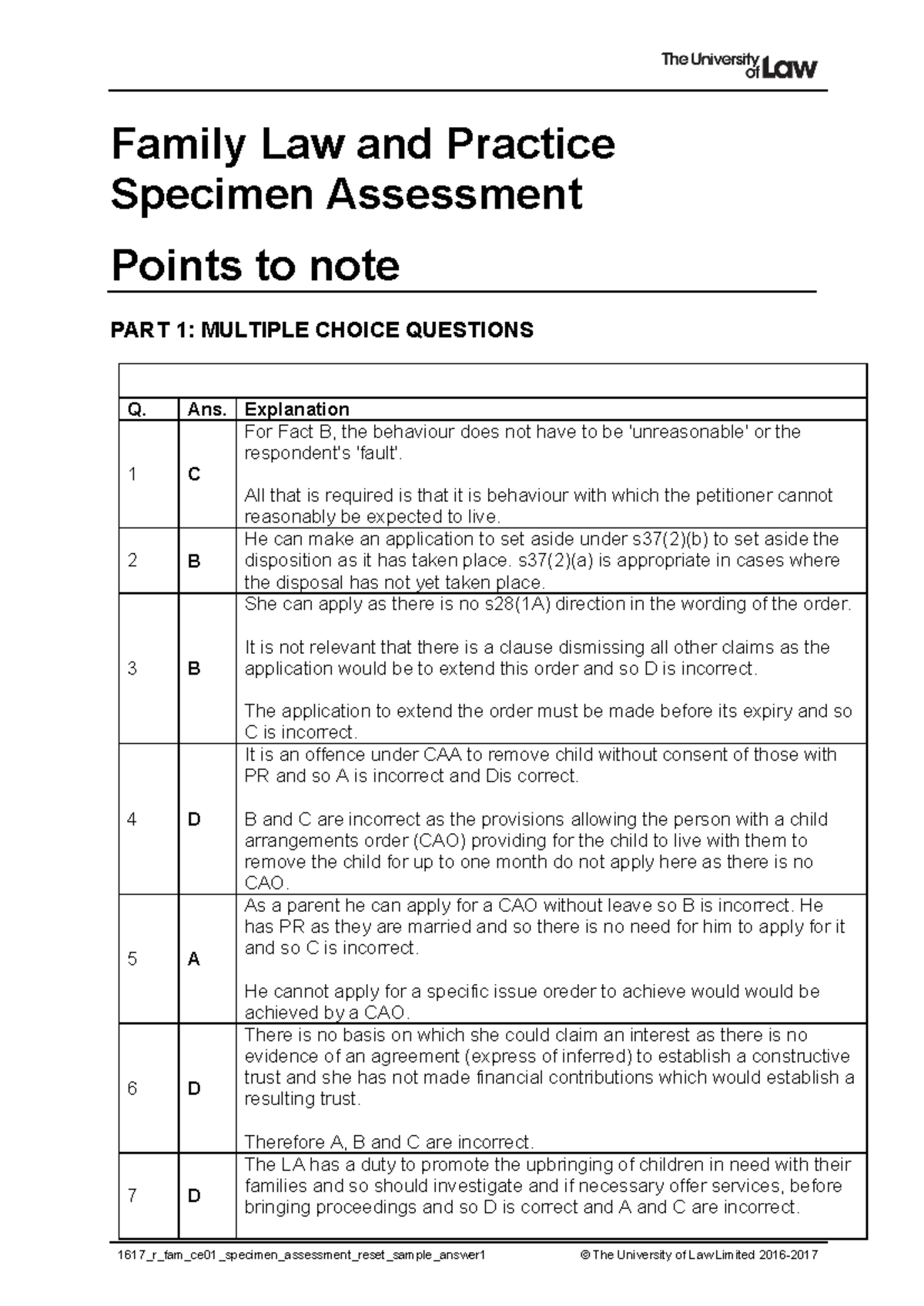 Family Law Practice - 1617_R_FAM_CE01 Assessment Reset Sample Answer ...