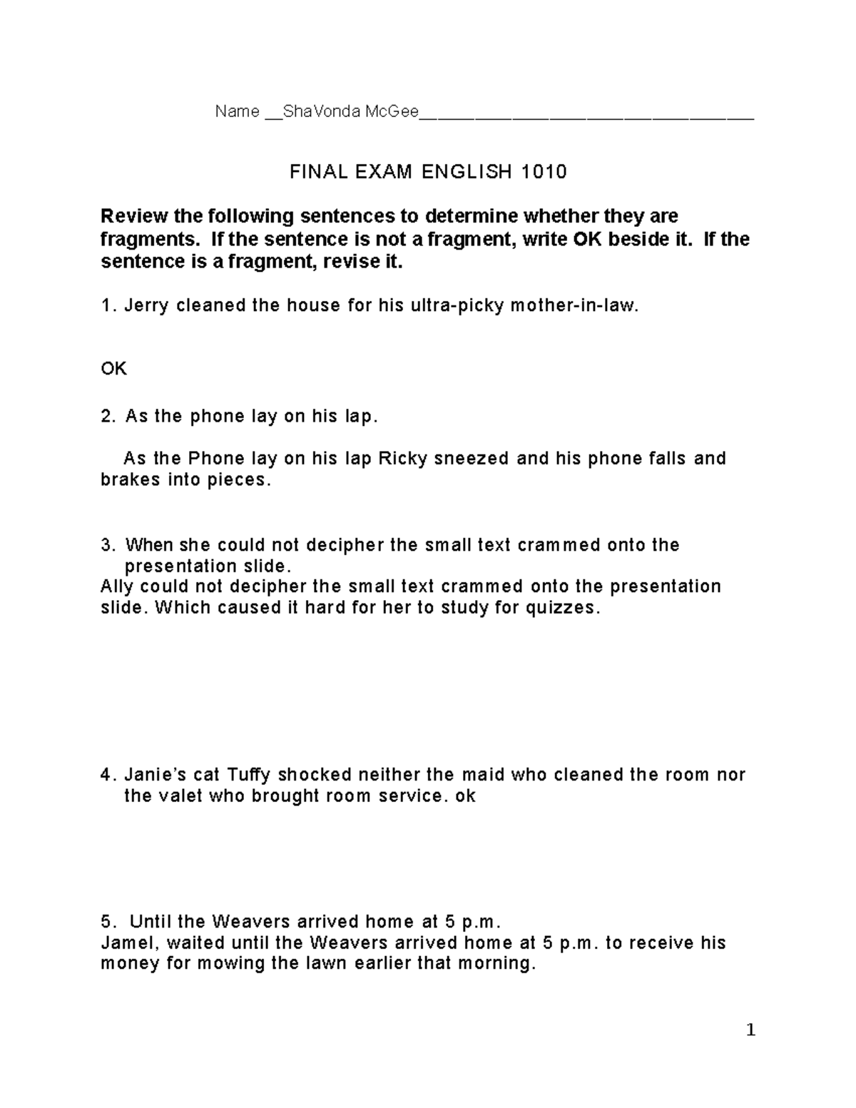 Final EXAM English 1010 Dropbox - Name ShaVonda McGee ...