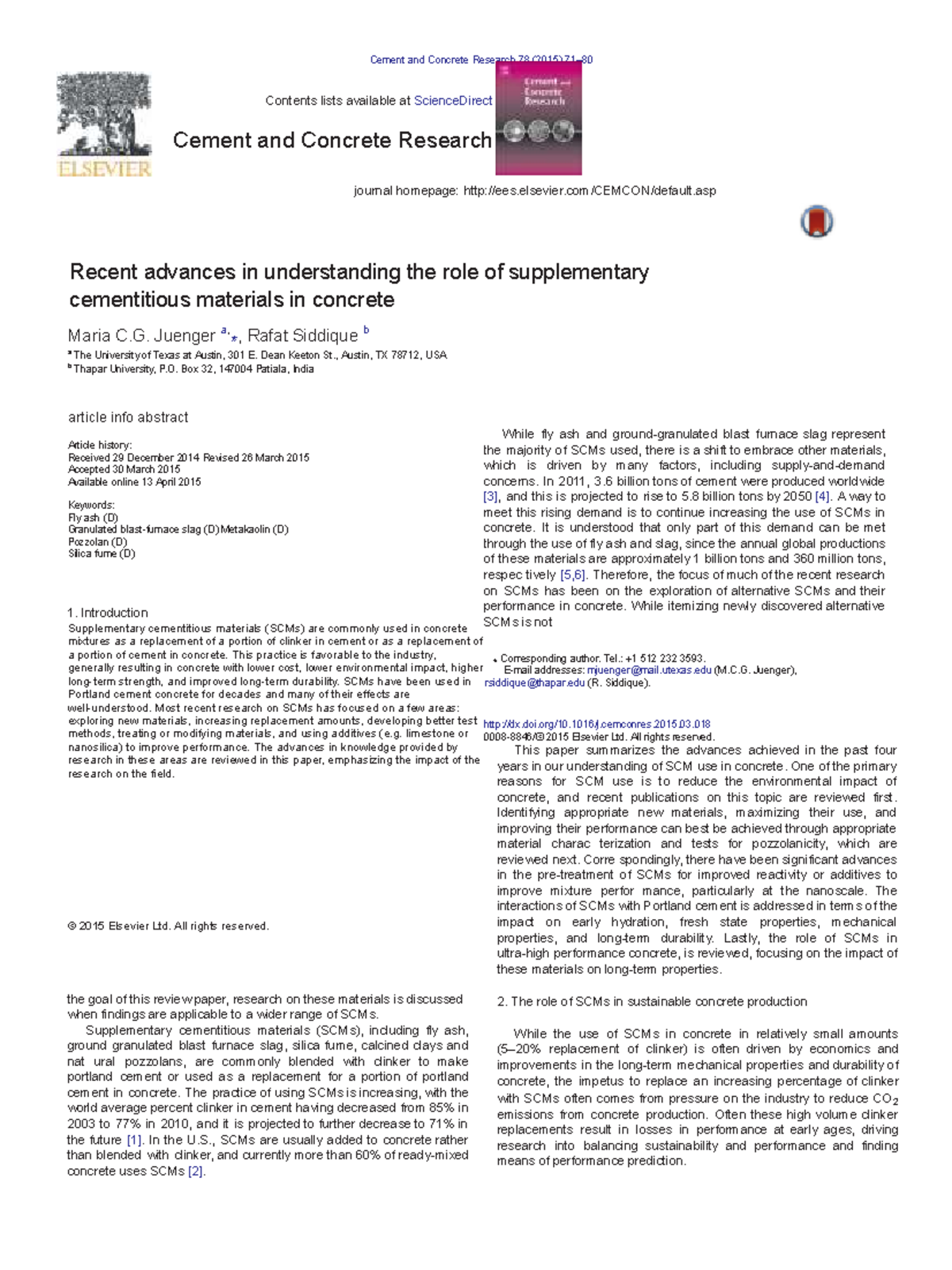 Recent Advances in SCMs for Concrete: Juenger & Siddique, 2015 - Studocu