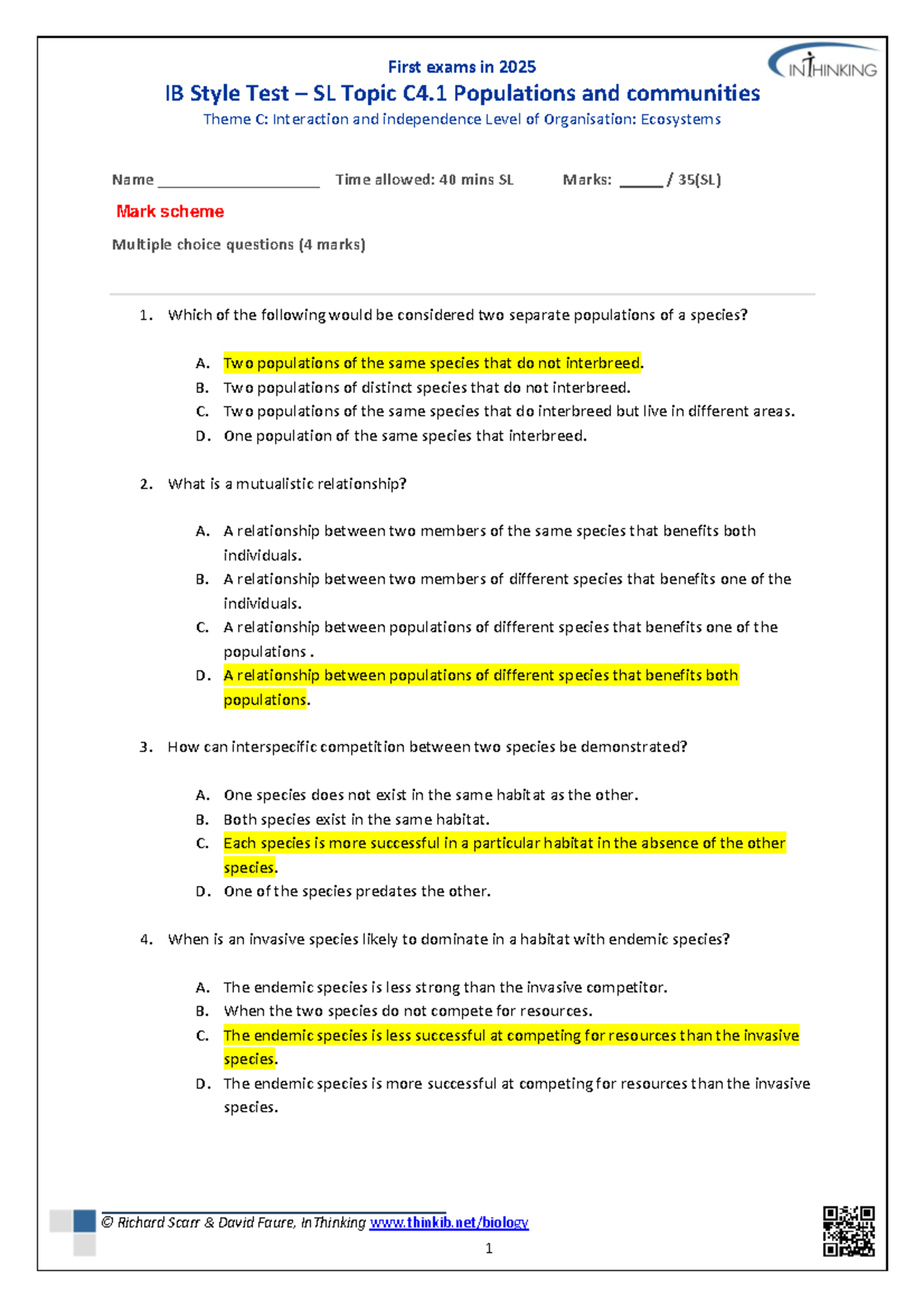 C4.1 2025 IB Style Test: Populations & Communities Exam Guide - Studocu