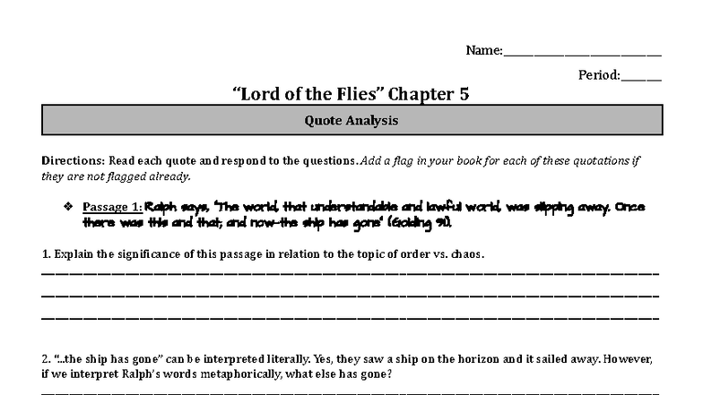 LOTF Chapter 5 Quote Analysis: Order vs. Chaos & Good vs. Evil - Studocu