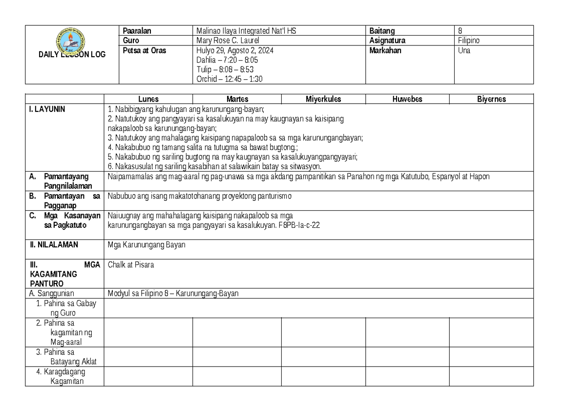 Filipino 8 Daily Lesson Log Q1 A1 for SY 2024-2025 by Mary Rose C ...