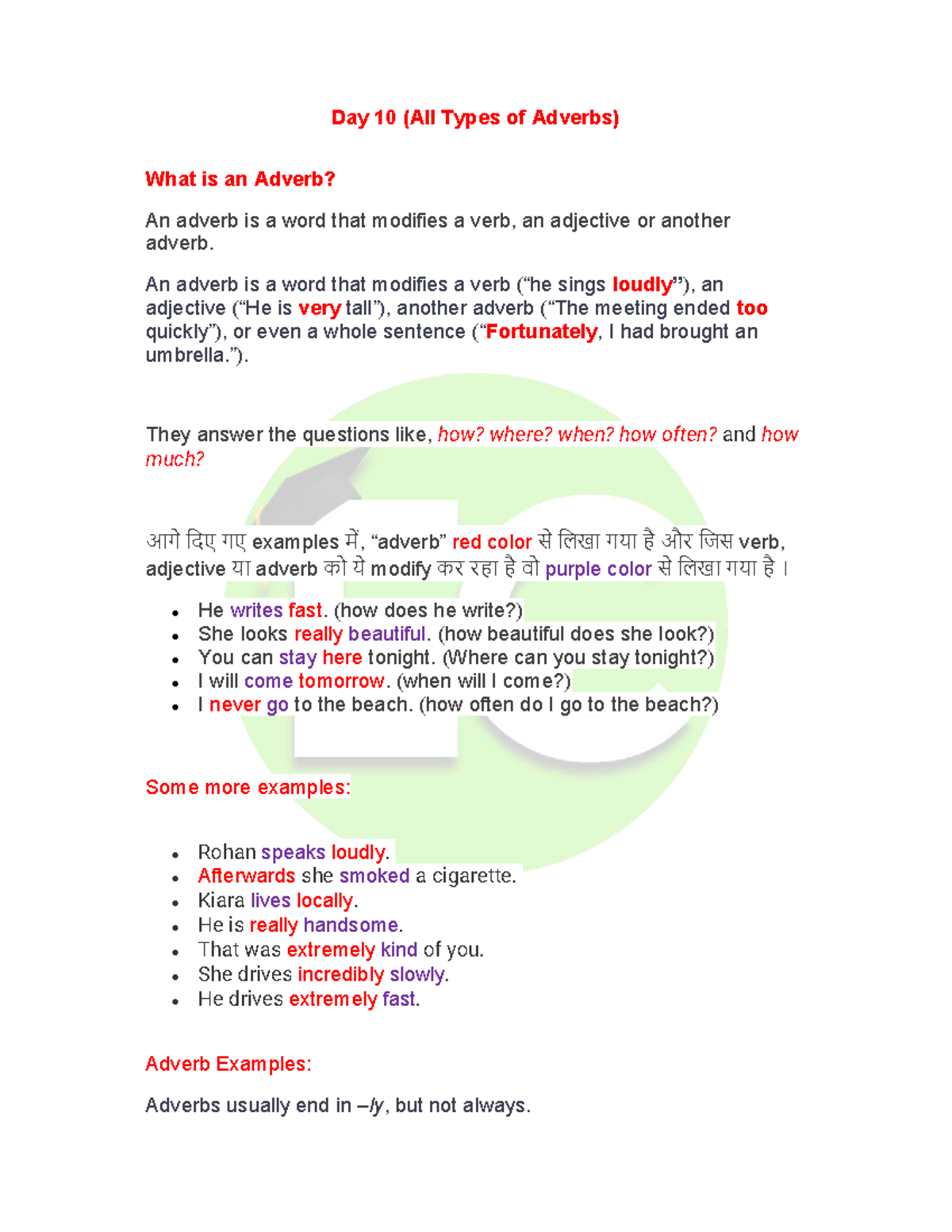 Day 10: Understanding All Types of Adverbs in English Grammar - Studocu