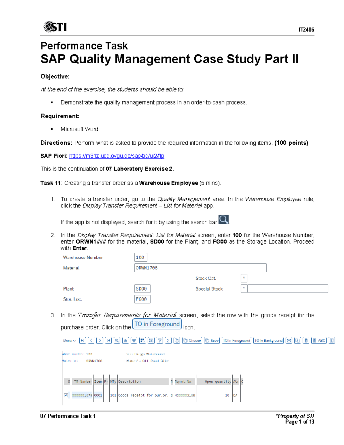 07 Performance Task 1(11) - 07 Performance Task 1 *Property of STI Performance Task SAP Quality ...