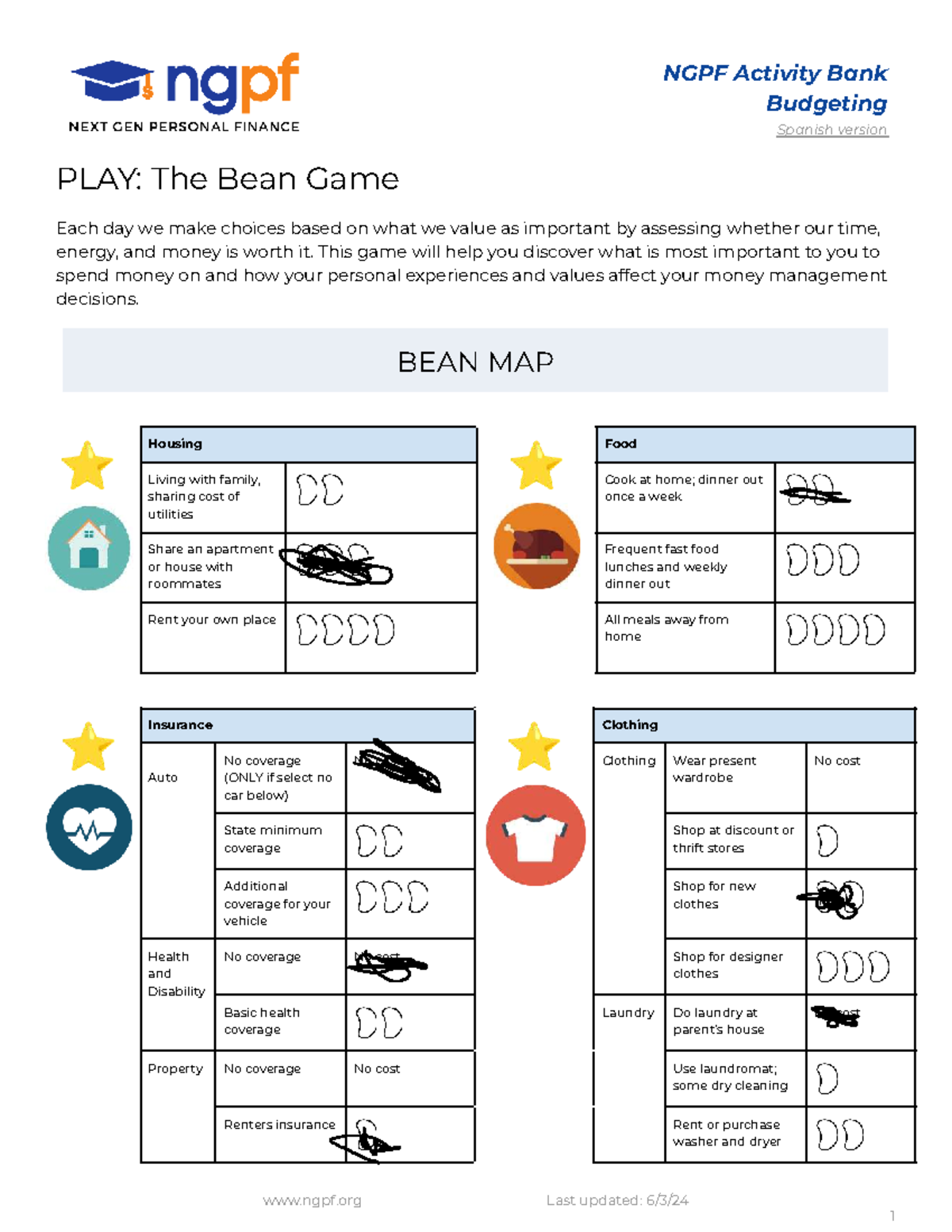 NGPF Activity Bank: Budgeting - The Bean Game Worksheet (Spanish) - Studocu