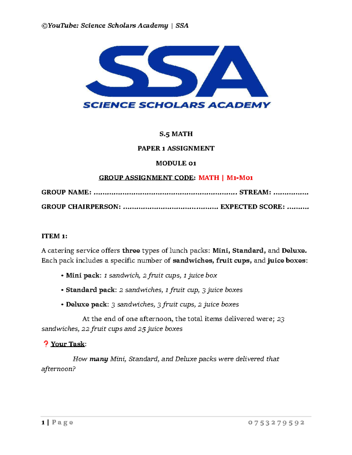 SSA S.5 MATH PAPER 1 Group Assignment Module M1-M01 - Studocu