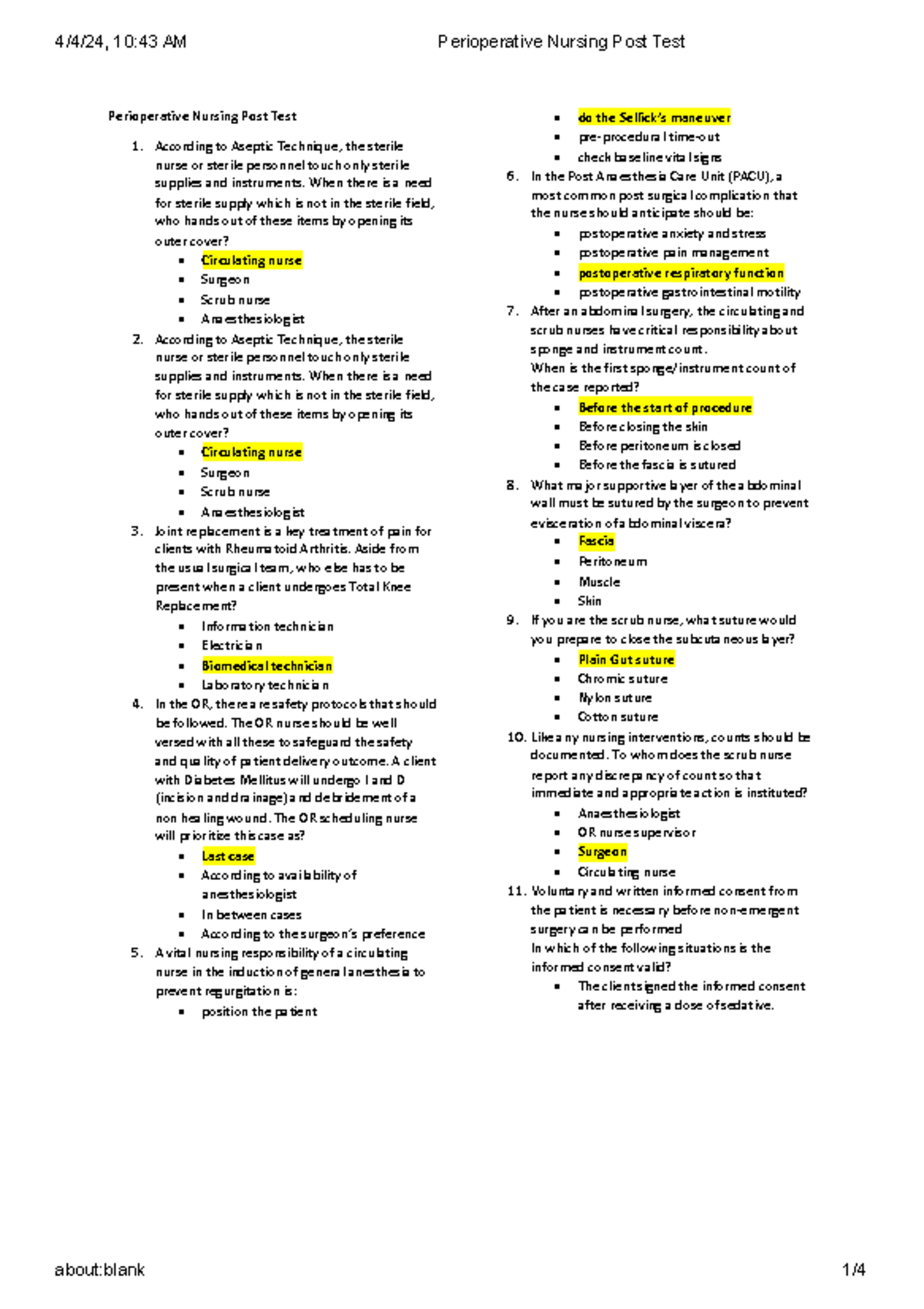 Perioperative Nursing Post Test Study Guide (PN 101) - Studocu