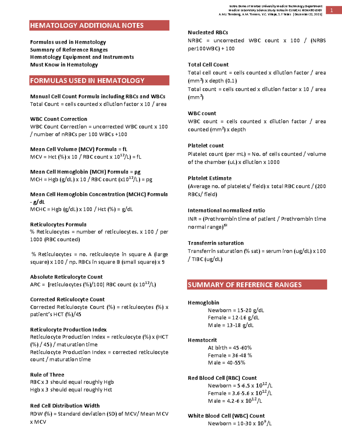 Clinical Hematology Review: Formulas, Reference Ranges, & Equipment ...