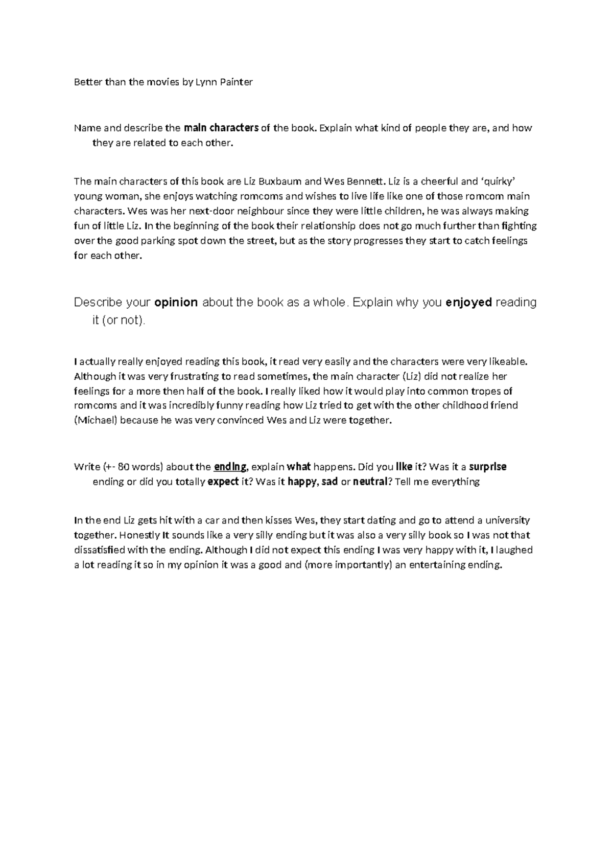 Book Report: Better Than the Movies (4V3) by Femke Slok - Studeersnel