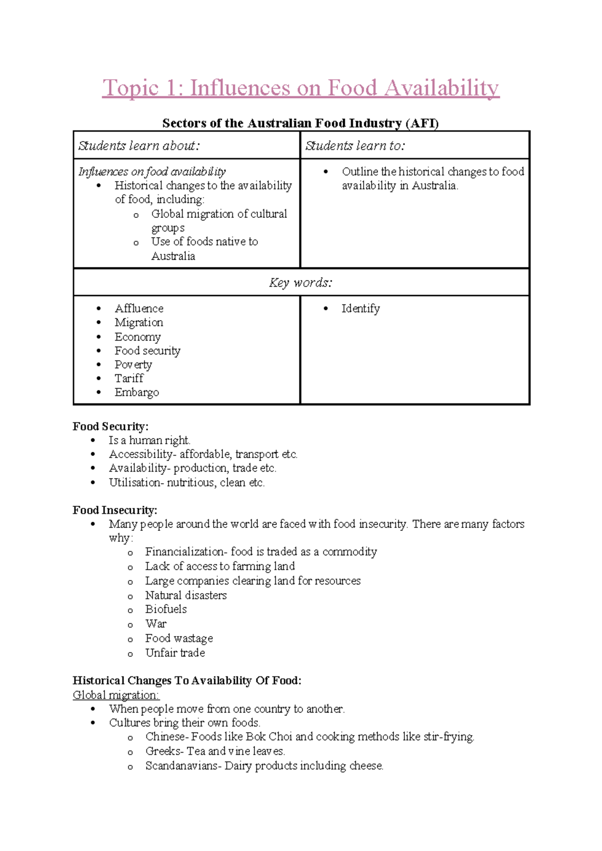 Preliminary Food Technology Notes: Influences on Food Availability in ...