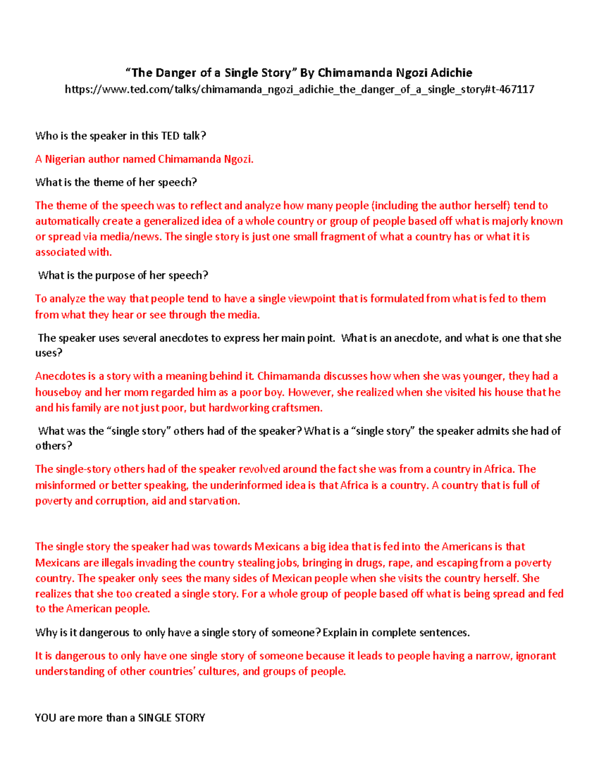 The Danger of a Single Story: Insights from Adichie's TED Talk - Studocu