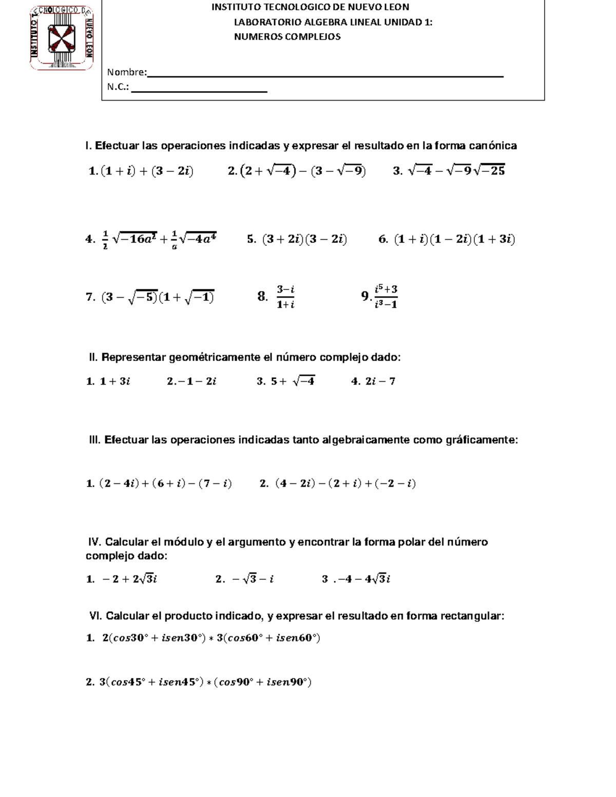 Laboratorio U-1: Números Complejos y Operaciones Algebraicas - Studocu