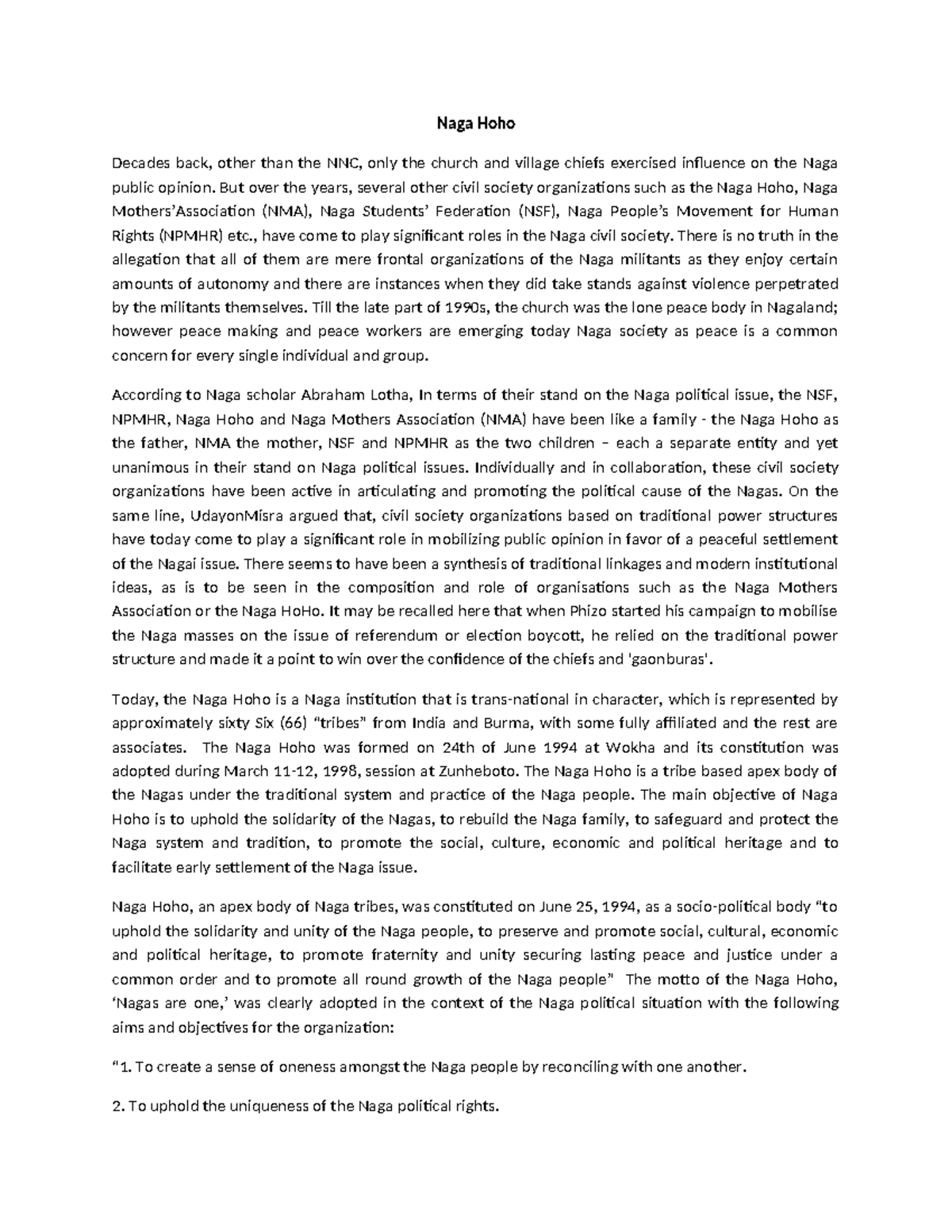 NAGA HOHO-1: Insights on Civil Society and Naga Nationalism - Studocu