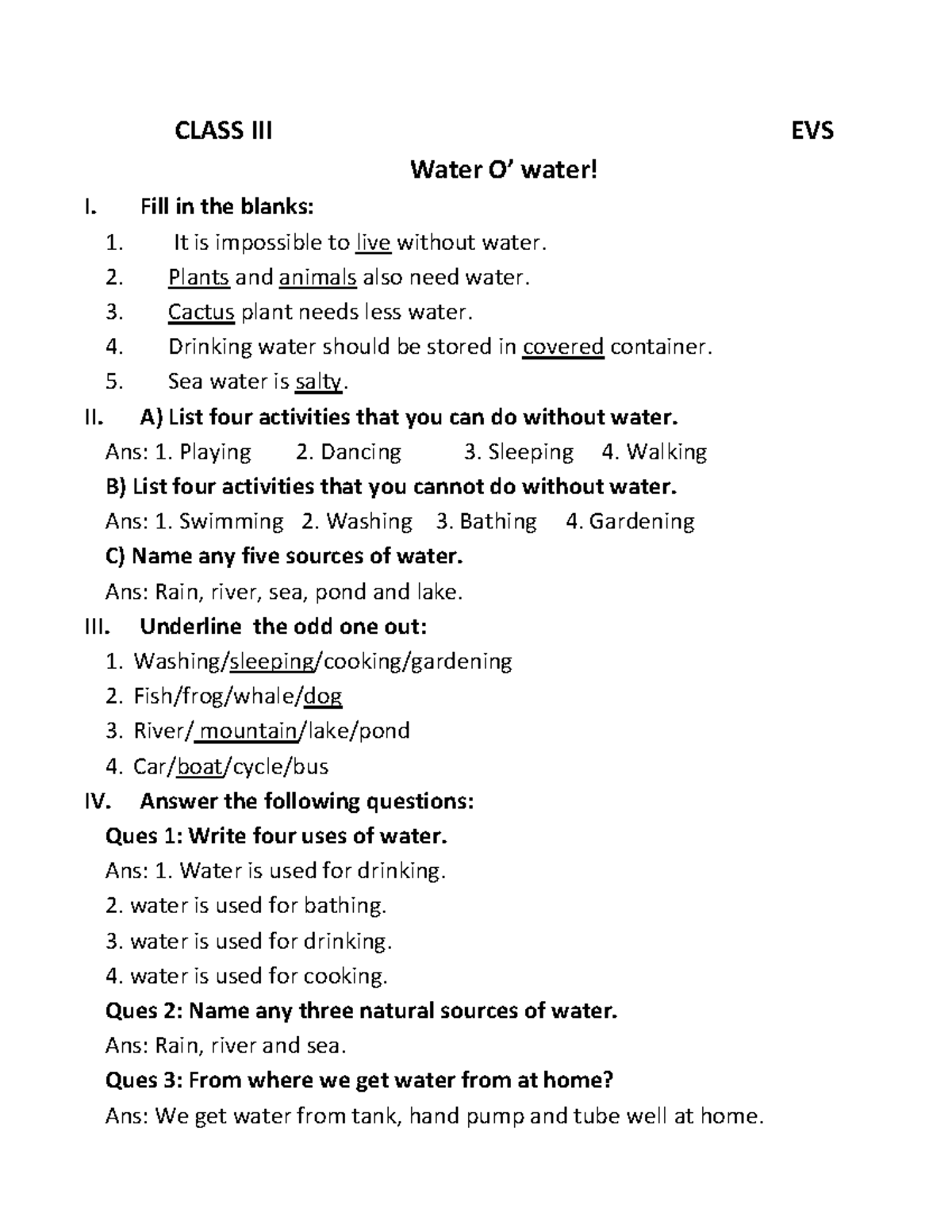 Class 3 EVS: Water - Importance and Uses - Studocu