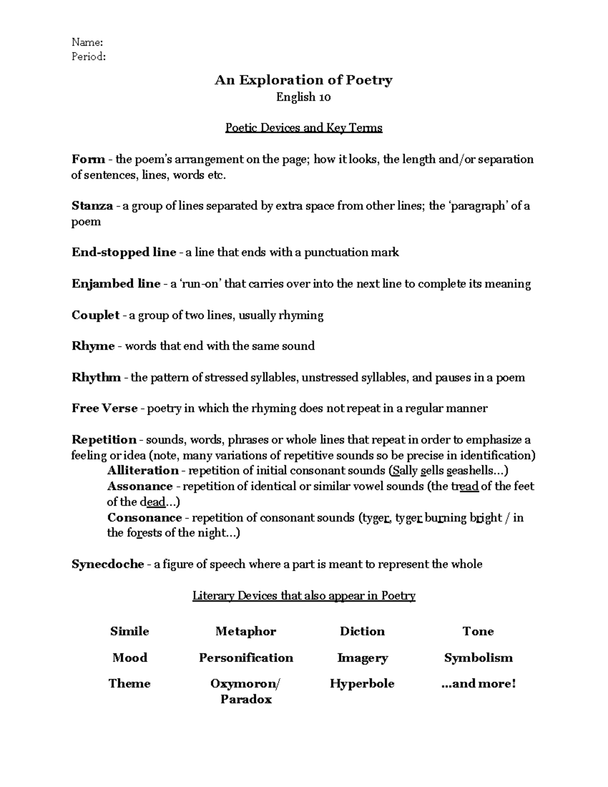 Poetry Packet CR - yep - Name: Period: An Exploration of Poetry English ...