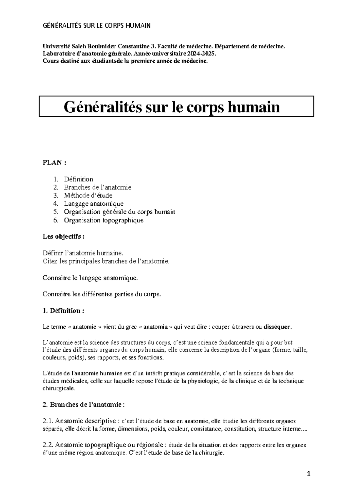 GÉNÉRALITÉS SUR LE CORPS HUMAIN - Cours d'Anatomie 1ère Année - Studocu