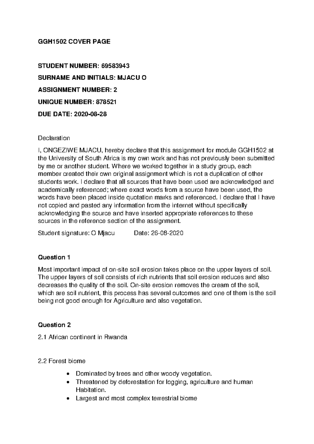 GGH1502 assignment 1 - GGH1502 COVER PAGE STUDENT NUMBER: 69583943 ...