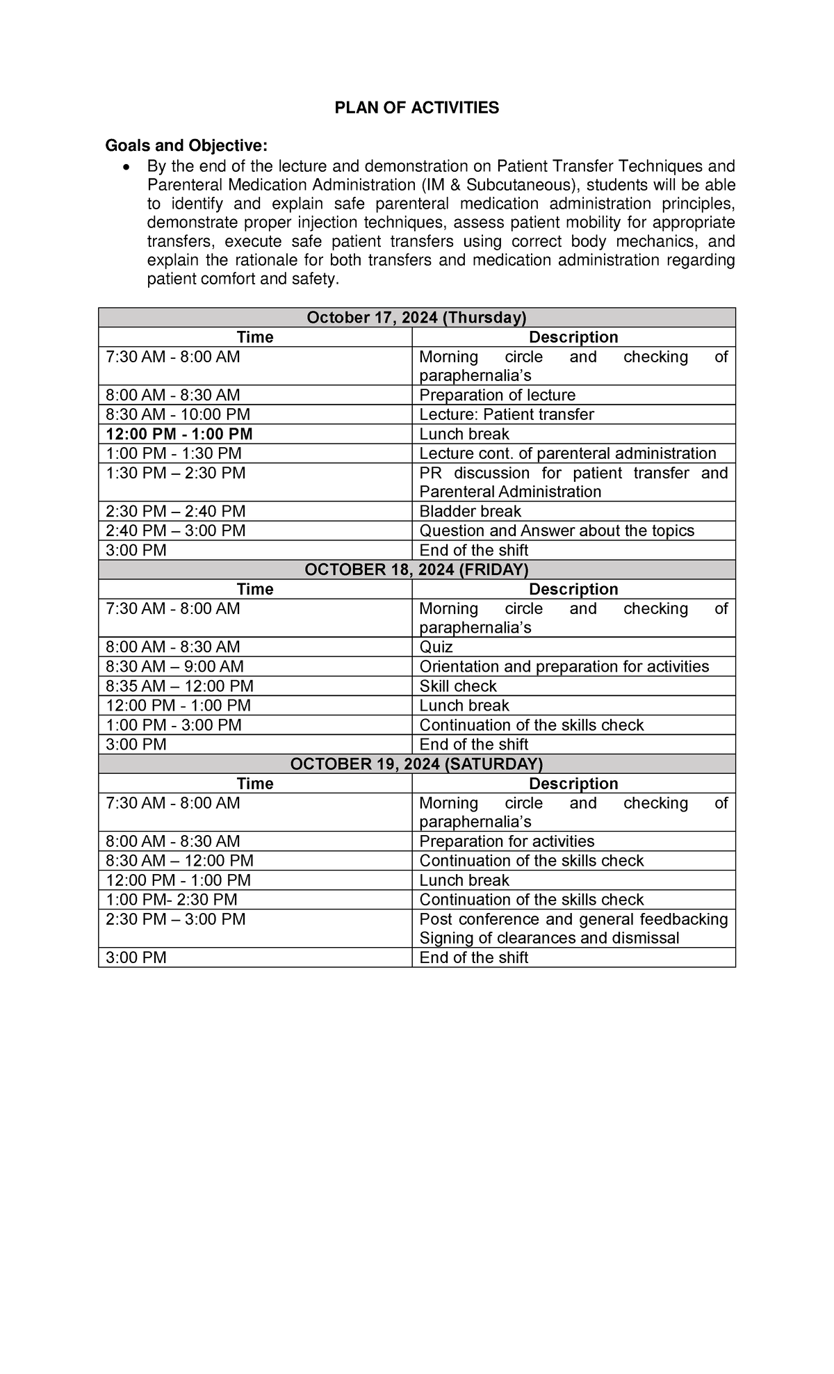 Plan of Activities - PLAN OF ACTIVITIES Goals and Objective: By the end ...