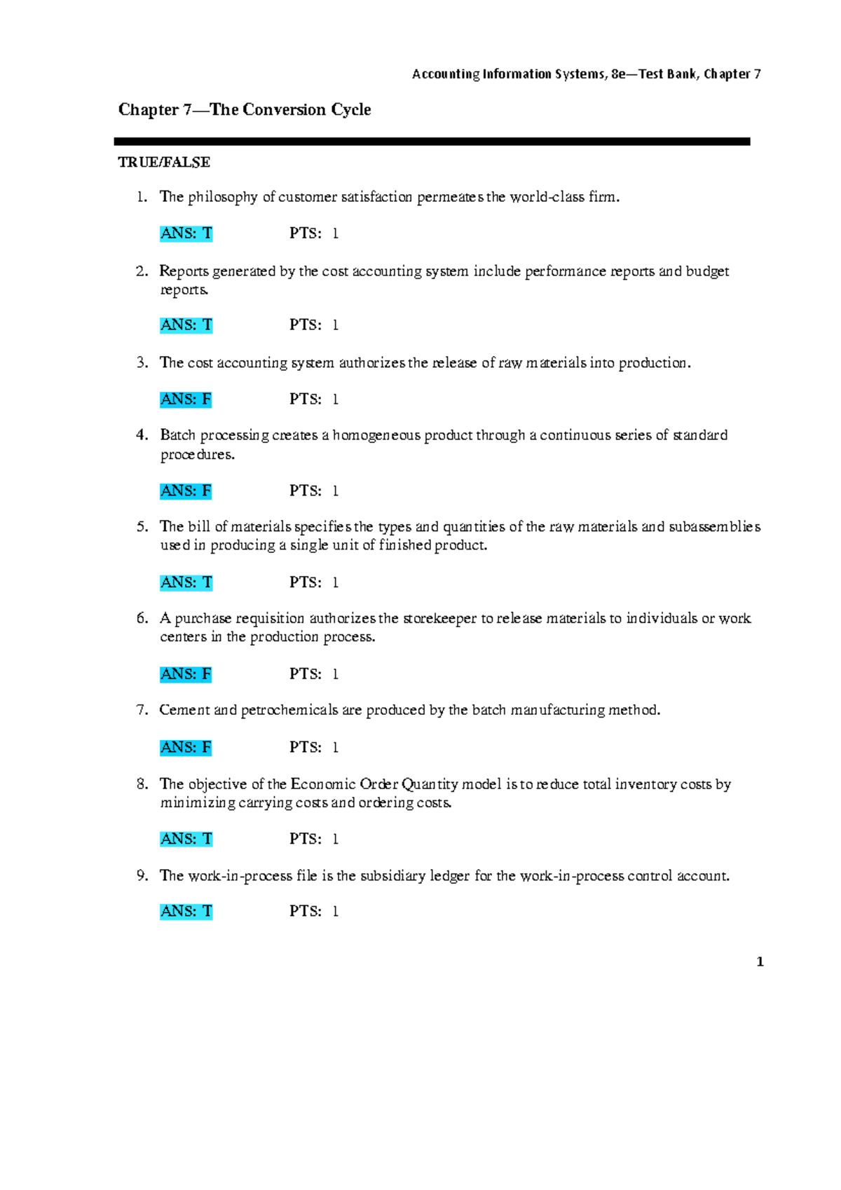 Accounting Information Systems, Bank, Chapter 7: Conversion Cycle Insights - Studocu