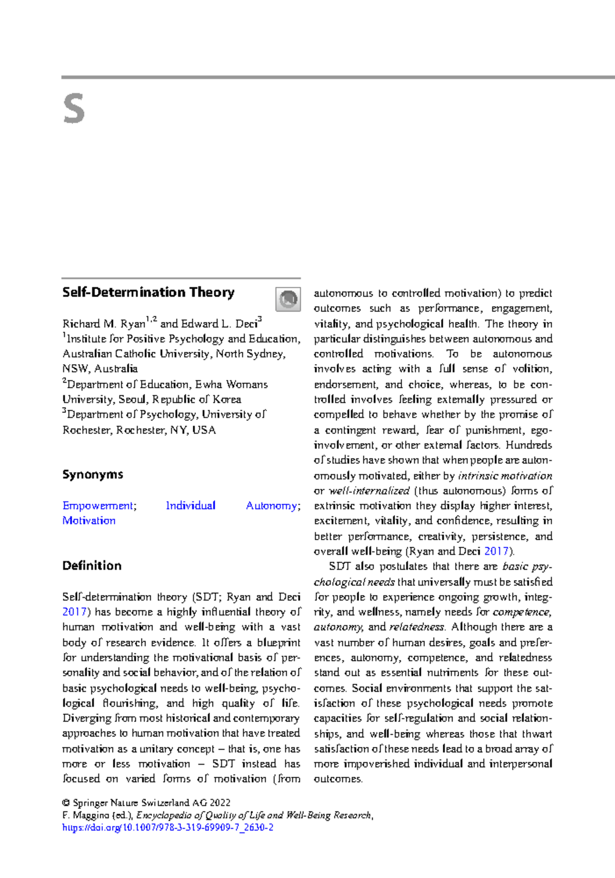 2022 Ryan Deci SDT Encyclopedia - S Self-Determination Theory Richard M ...