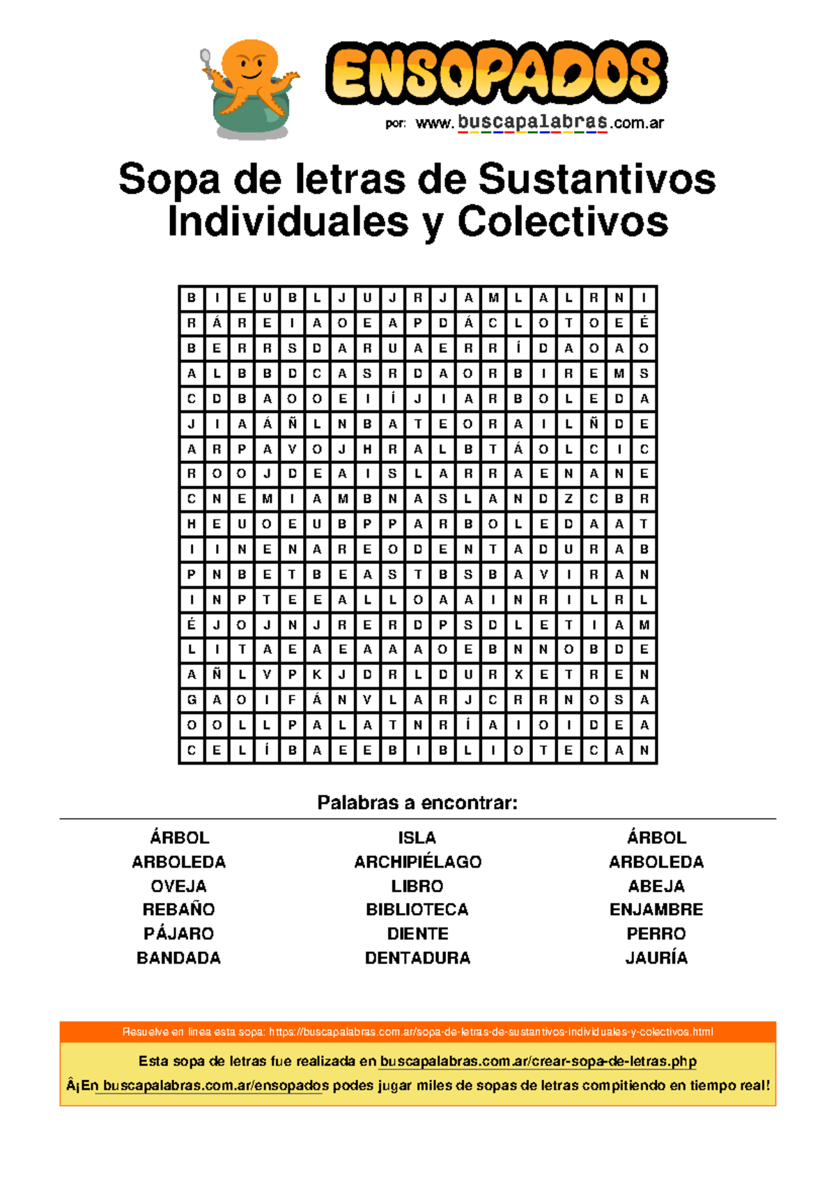 Sopa de Letras: Sustantivos Individuales y Colectivos - Ejercicio 1 ...