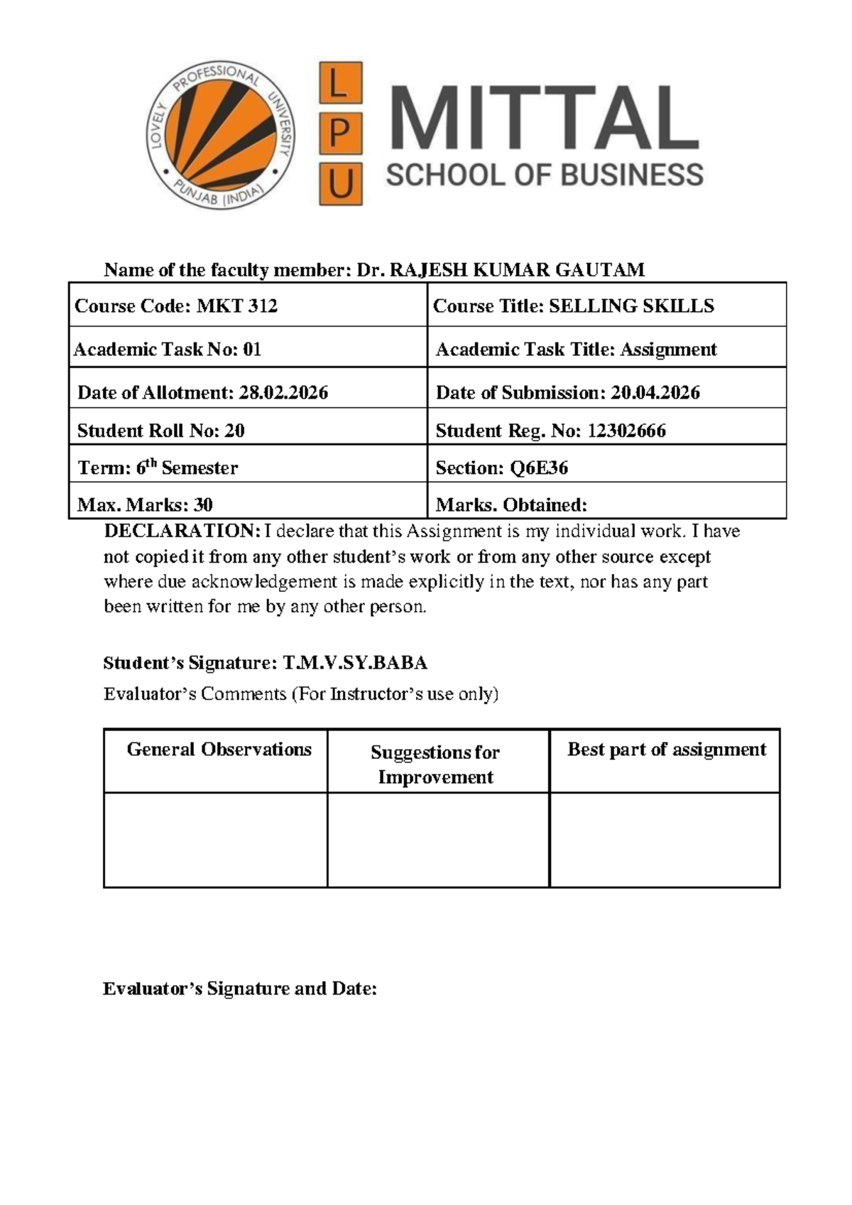 MKT 312 Selling Skills: Comprehensive CA1 Assignment Analysis - Studocu