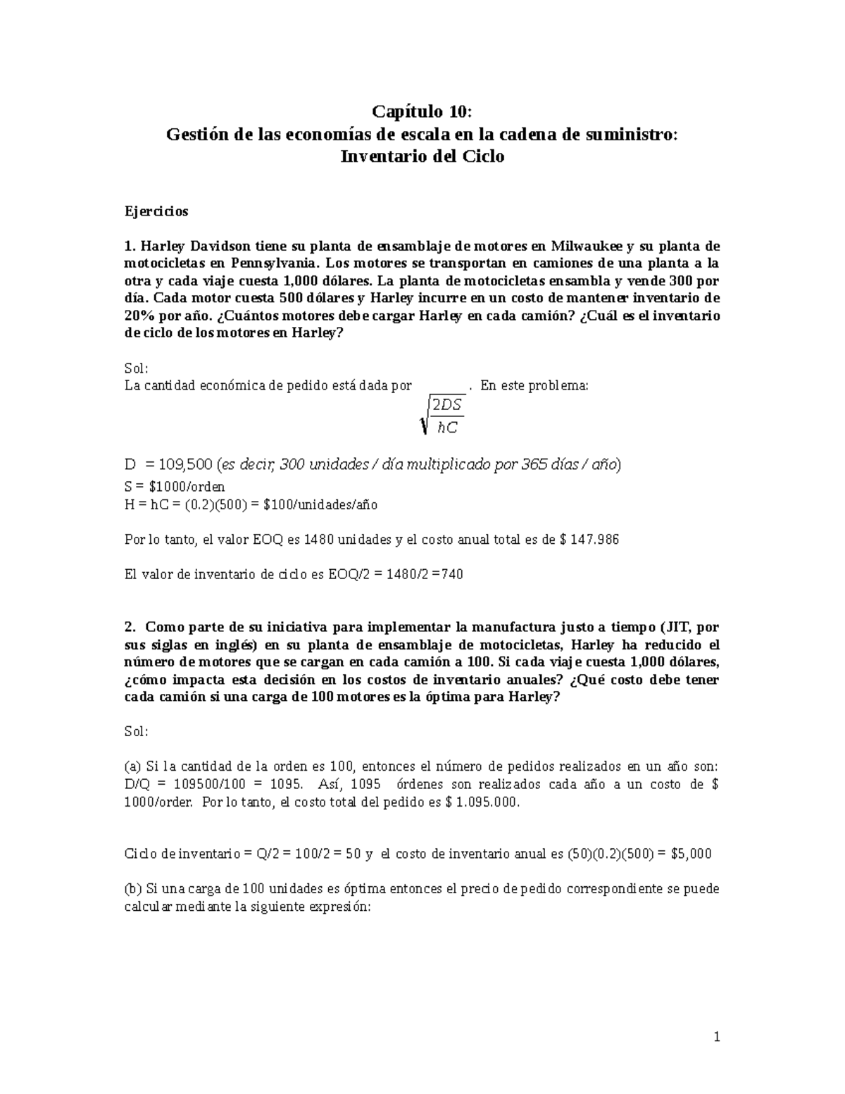 Ejercicios de Gestión de Economías de Escala - Capítulo 10 - Studocu