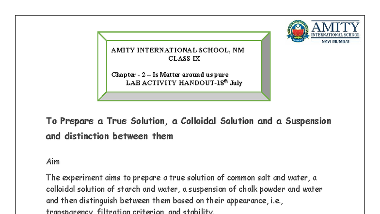 AMITY INTERNATIONAL SCHOOL, NM CLASS IX Lab Activity: Matter Purity in ...