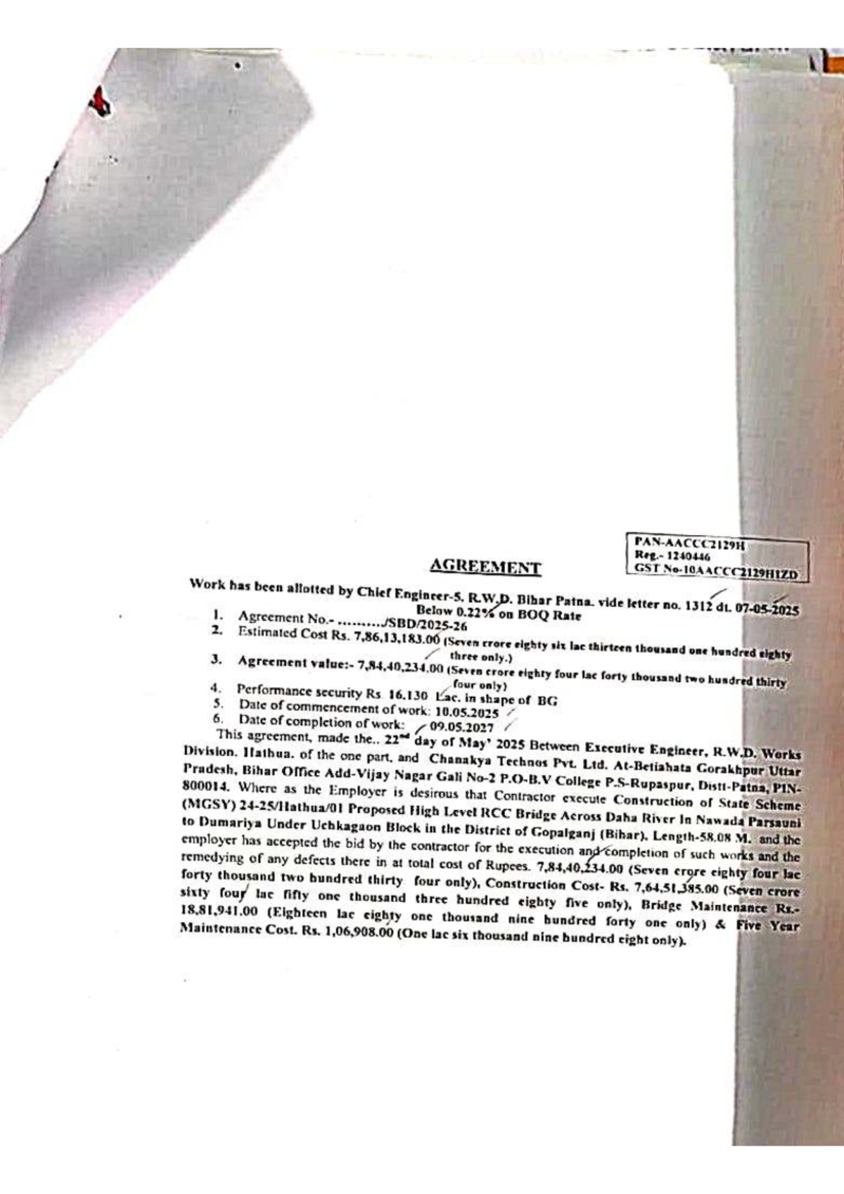 1240446 AGREEMENT FOR CONSTRUCTION OF HIGH LEVEL RCC BRIDGE - Studocu