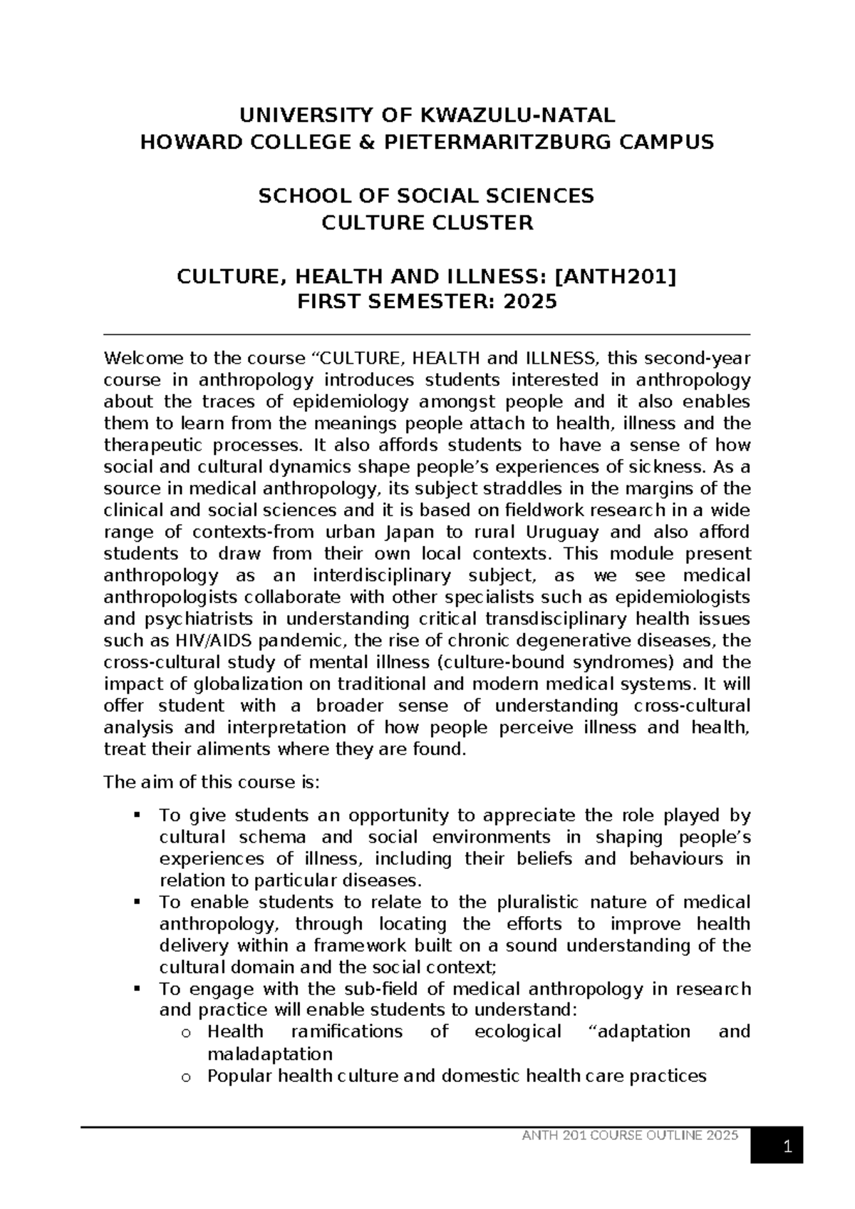 ANTH 201: Health and Illness Course Outline - First Semester 2025 - Studocu