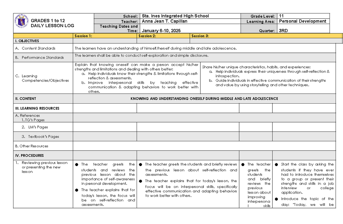 Perdev Q1 WEEK1 - GRADES 1 to 12 DAILY LESSON LOG School: Sta. Ines ...