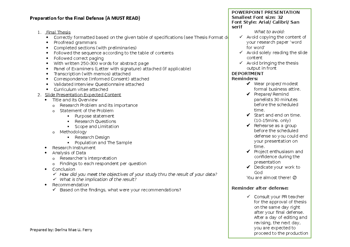 Final Thesis Defense Guidelines: Key Preparation Steps and Tips - Studocu