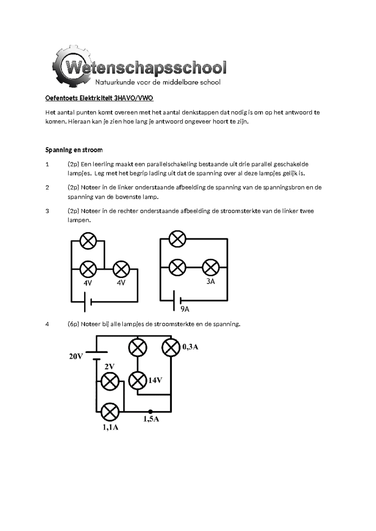 Oefentoets Elektriciteit 3HAVO/VWO: Inzicht in Spanning en Stroom ...
