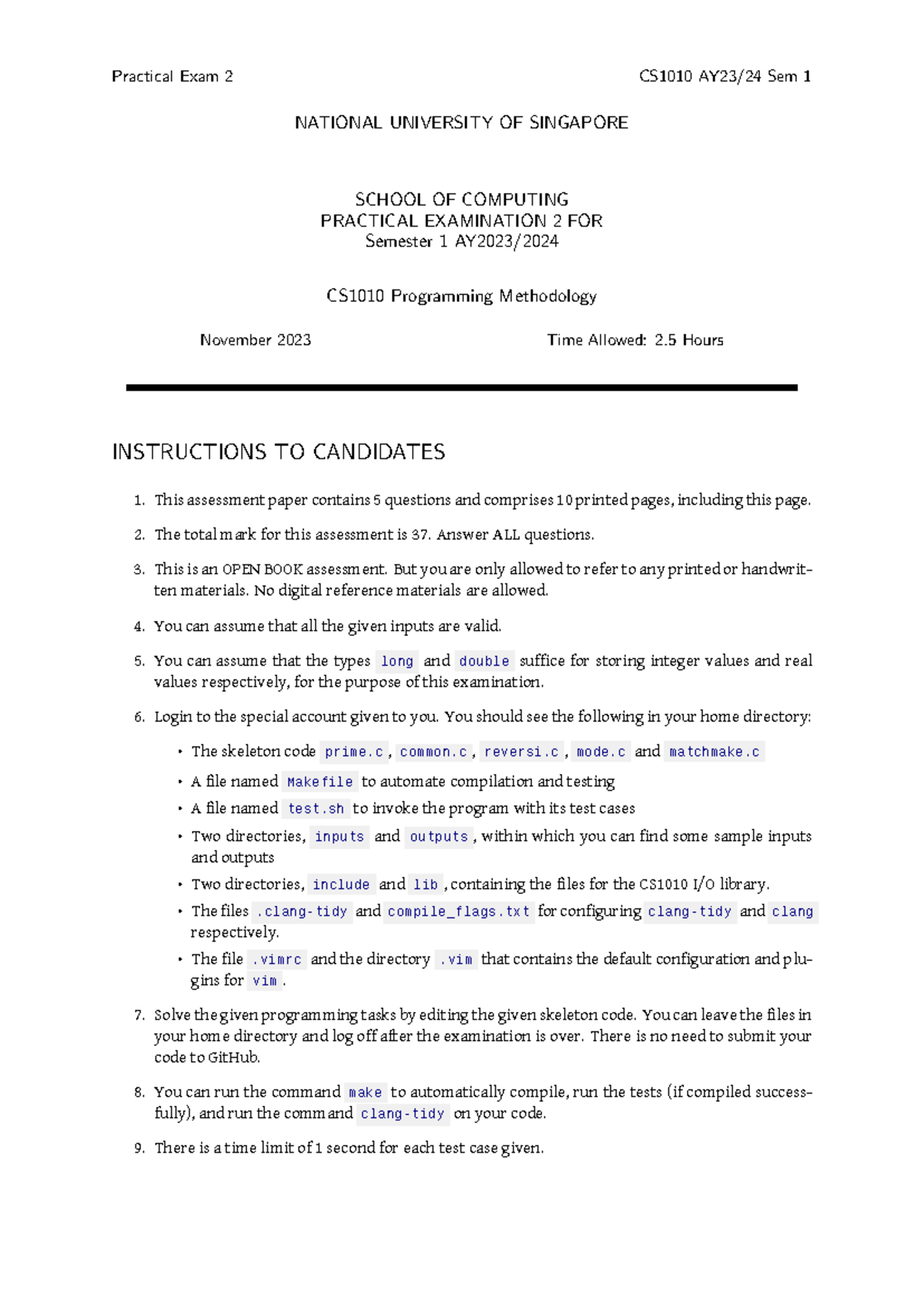 CS1010 Practical Exam 2 - Semester 1 AY2023 with Comments - Studocu