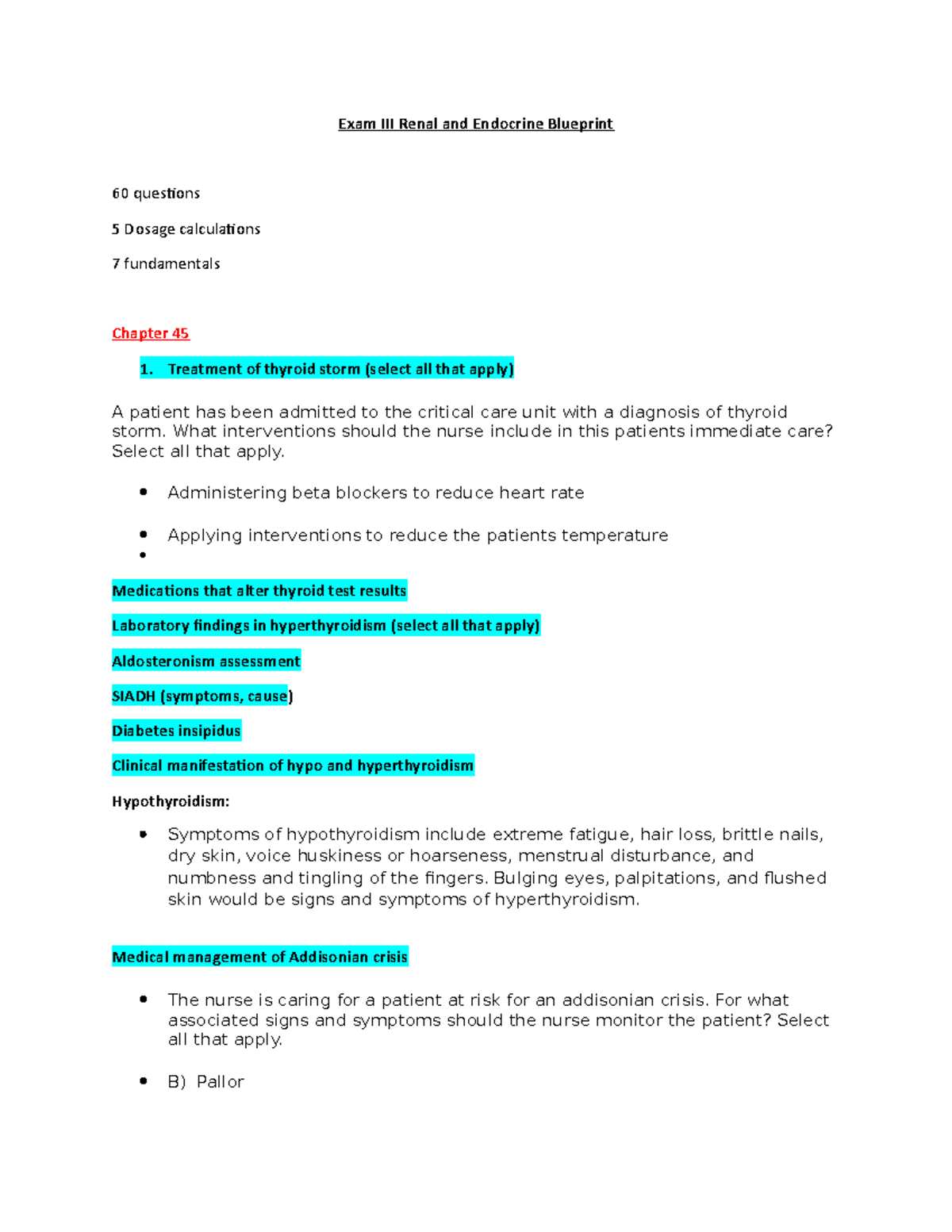 Exam III Renal and Endocrine Blueprint - What interventions should the ...