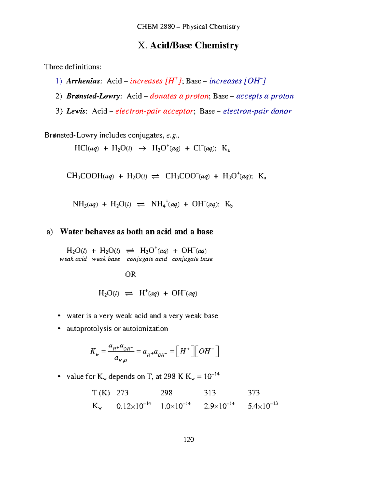 8 Acid-Base Chemistry - Lec summary with practice problems - X. Acid ...