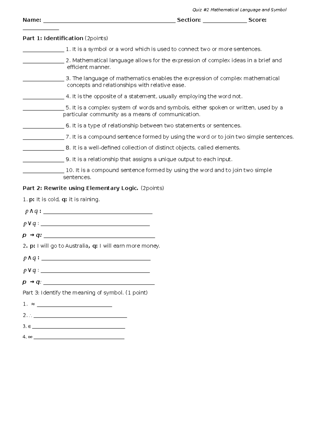 MMW - M2 - Quiz on Mathematical Language and Symbols - Studocu